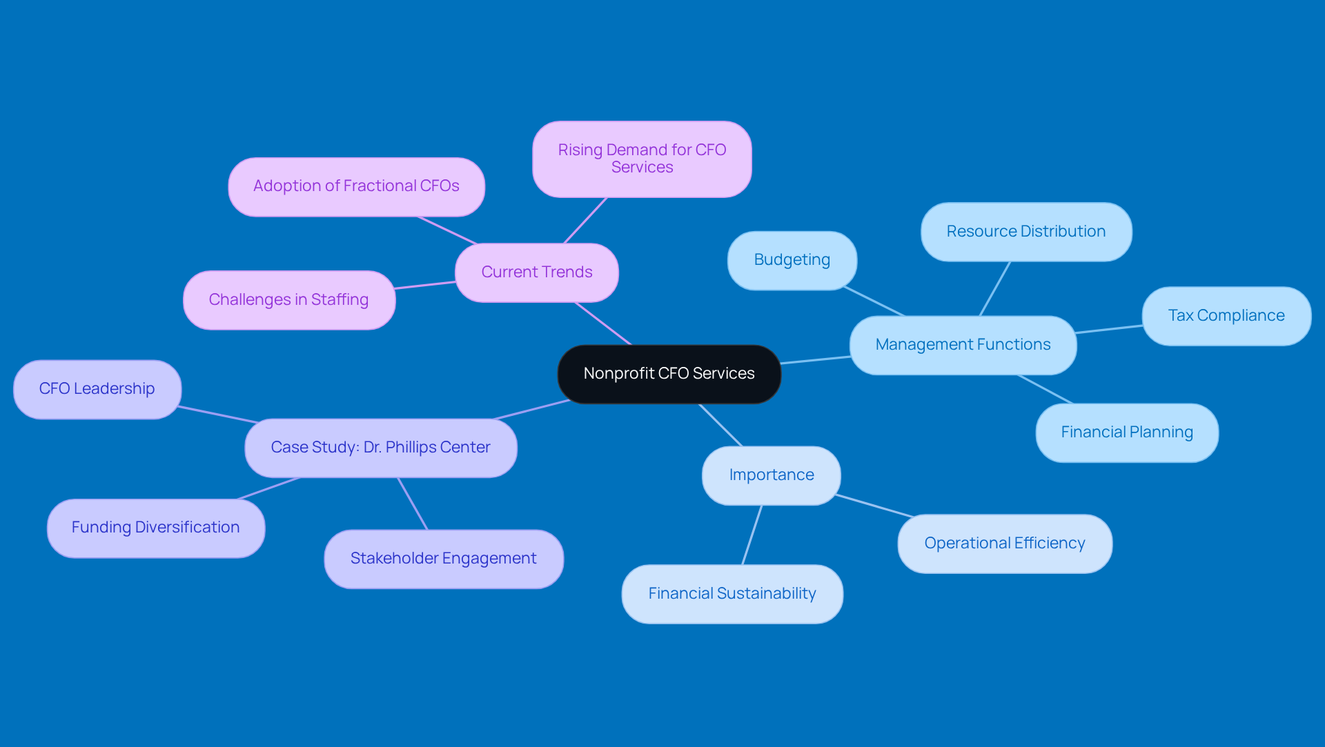 The center represents the main topic of nonprofit CFO services, with branches showing different aspects like their functions, importance, and real-world examples. Each branch helps you understand how these services contribute to the success of charitable organizations. The center represents the main topic of nonprofit CFO services, with branches showing different aspects like their functions, importance, and real-world examples. Each branch helps you understand how these services contribute to the success of charitable organizations.