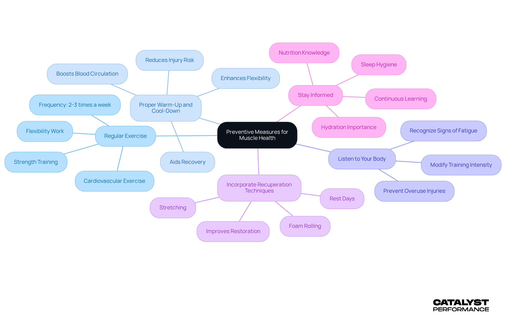 The central node represents the overall goal of maintaining muscle health. Each branch shows a key strategy, and the sub-branches provide actionable tips or insights related to that strategy. This layout helps you visualize how to take charge of your muscle health effectively. The central node represents the overall goal of maintaining muscle health. Each branch shows a key strategy, and the sub-branches provide actionable tips or insights related to that strategy. This layout helps you visualize how to take charge of your muscle health effectively.
