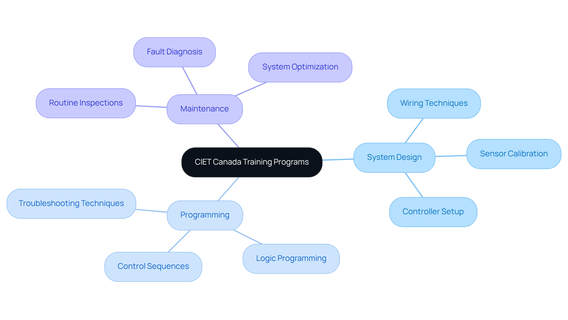The central node represents the training programs, while the branches show the key areas of focus. Each area is essential for building automation expertise, helping professionals develop the skills needed for success in the industry.