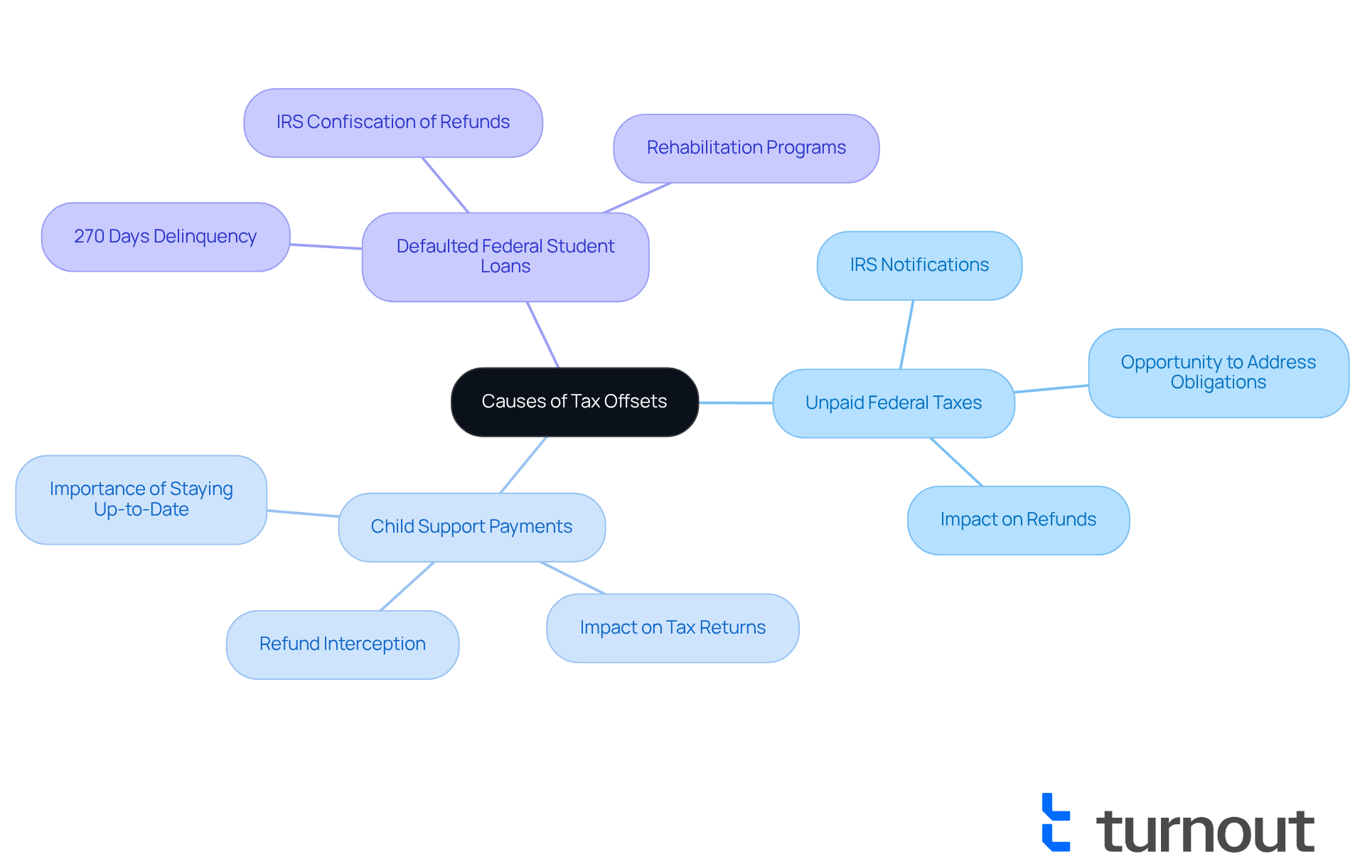 The central node represents the main topic of tax offsets, and each branch shows a specific cause. Sub-branches provide further details. This layout helps you see how different issues can affect your tax situation.