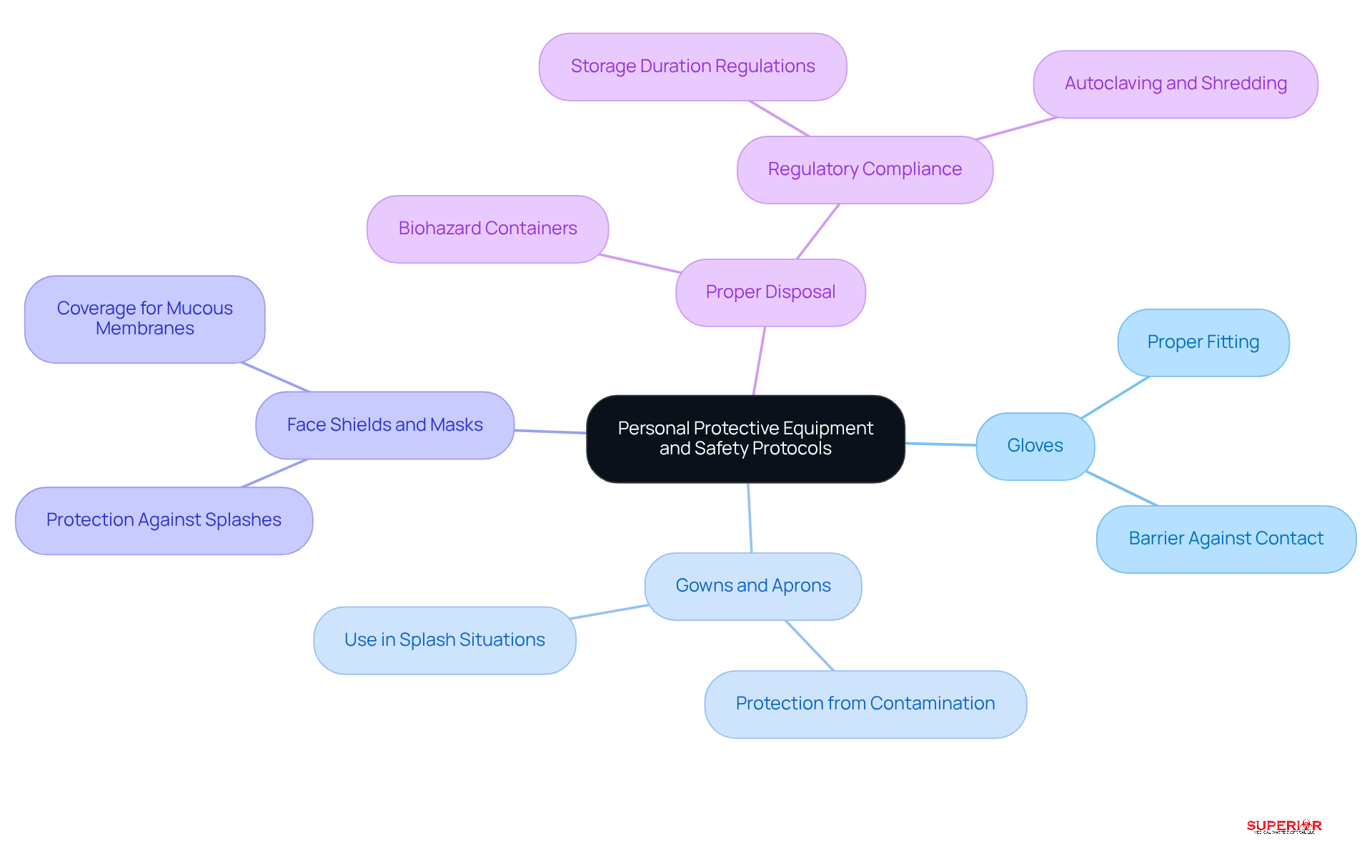 The center represents the main topic of PPE and safety protocols. Each branch shows a specific type of equipment or protocol, with further details on their importance and usage. Follow the branches to understand how each component contributes to safety in healthcare.