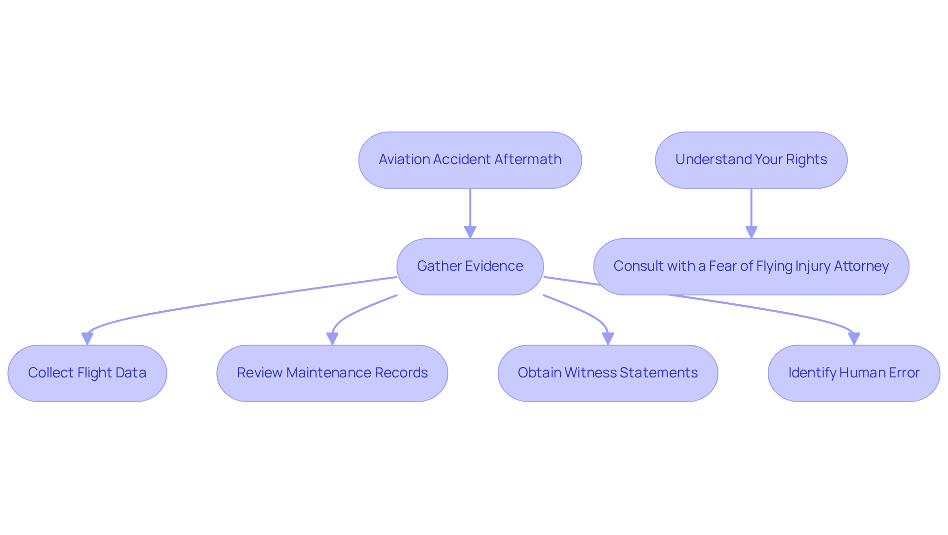 This flowchart outlines the steps to take after an aviation accident. Start at the top with the aftermath, then follow the arrows to see how to gather evidence and understand your rights. Each box represents a crucial step in the process, helping you navigate your journey toward justice.