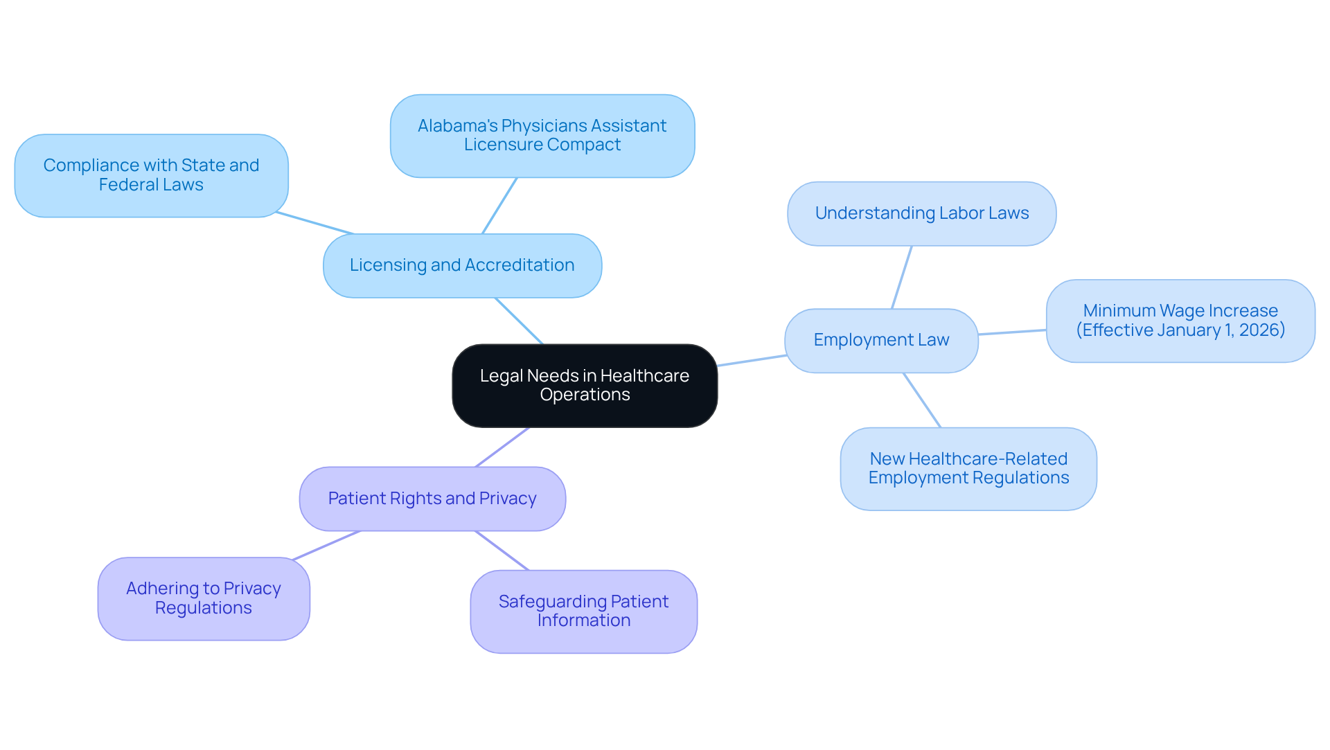 The central node represents the overall theme of legal needs in healthcare. Each branch highlights a critical area of focus, and the sub-branches provide more detailed insights into specific legal considerations. This structure helps visualize how different legal aspects interconnect and their importance in healthcare management.