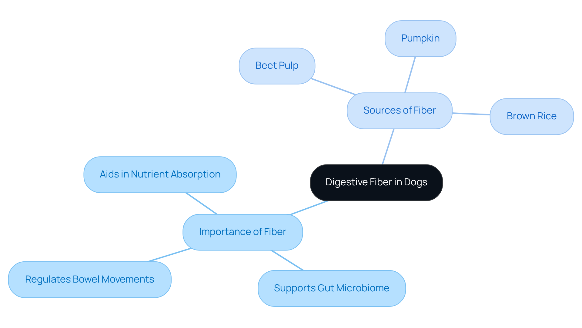 The central node represents the main topic of digestive fiber, while the branches show its importance and specific sources. Follow the branches to understand how each source contributes to your dog's health. The central node represents the main topic of digestive fiber, while the branches show its importance and specific sources. Follow the branches to understand how each source contributes to your dog's health.