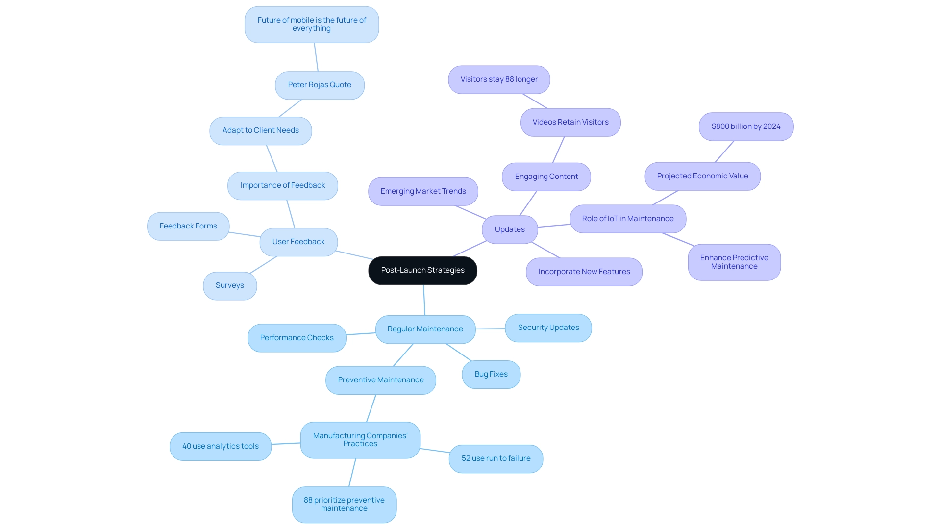 Each branch represents a critical strategy for maintaining a website post-launch, with sub-branches providing specific actions or insights related to that strategy.