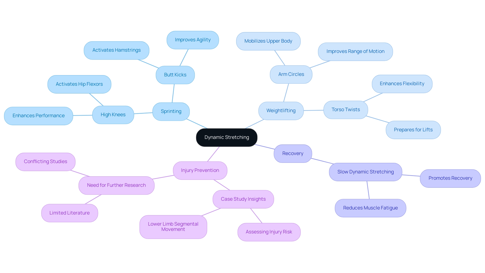 The central node represents dynamic stretching, with branches for activities and exercises. Colors differentiate between sports and associated benefits.