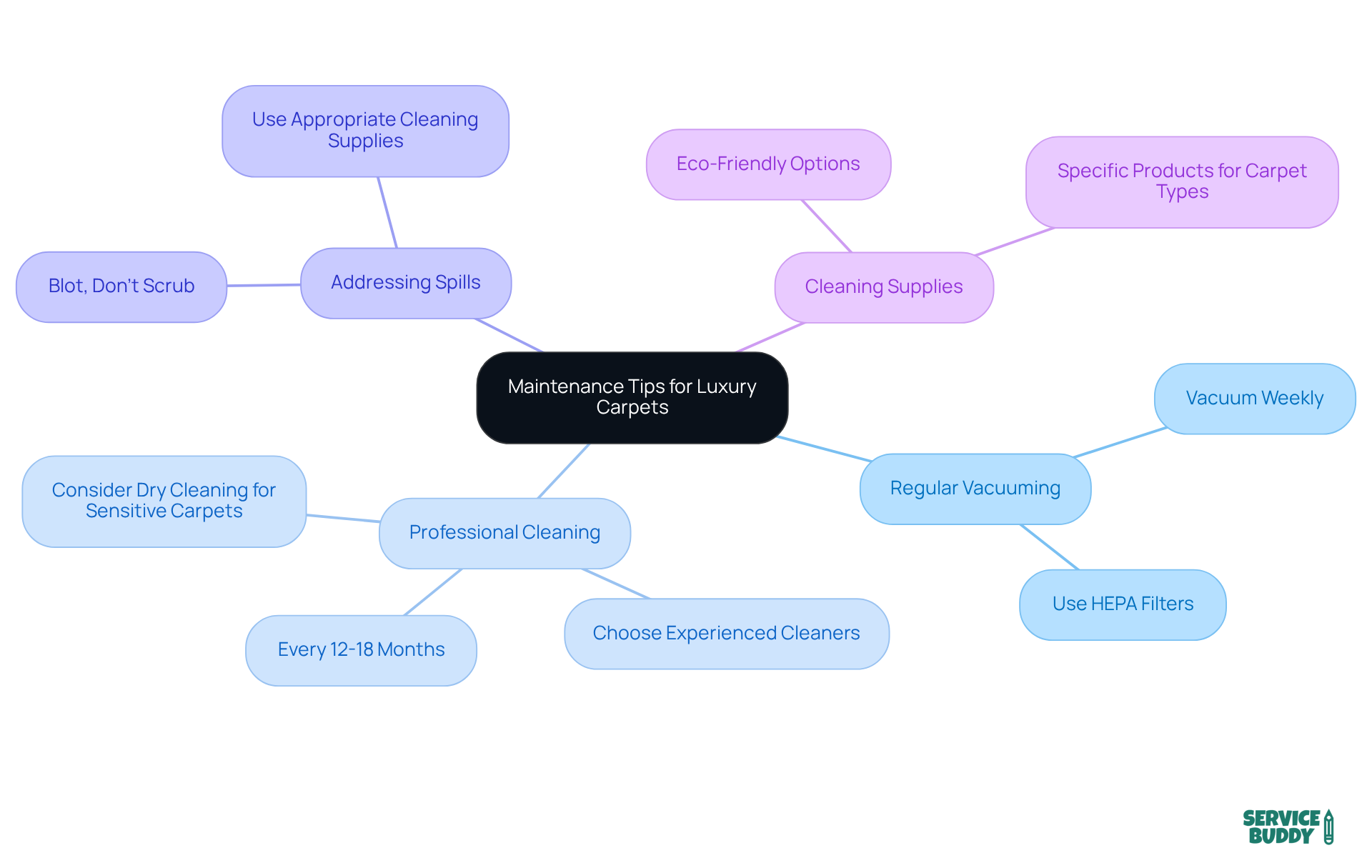 Start at the center with the main topic of carpet maintenance, and explore the branches for each important tip. Each sub-branch provides specific details to help you remember how to care for your carpets effectively. Start at the center with the main topic of carpet maintenance, and explore the branches for each important tip. Each sub-branch provides specific details to help you remember how to care for your carpets effectively.
