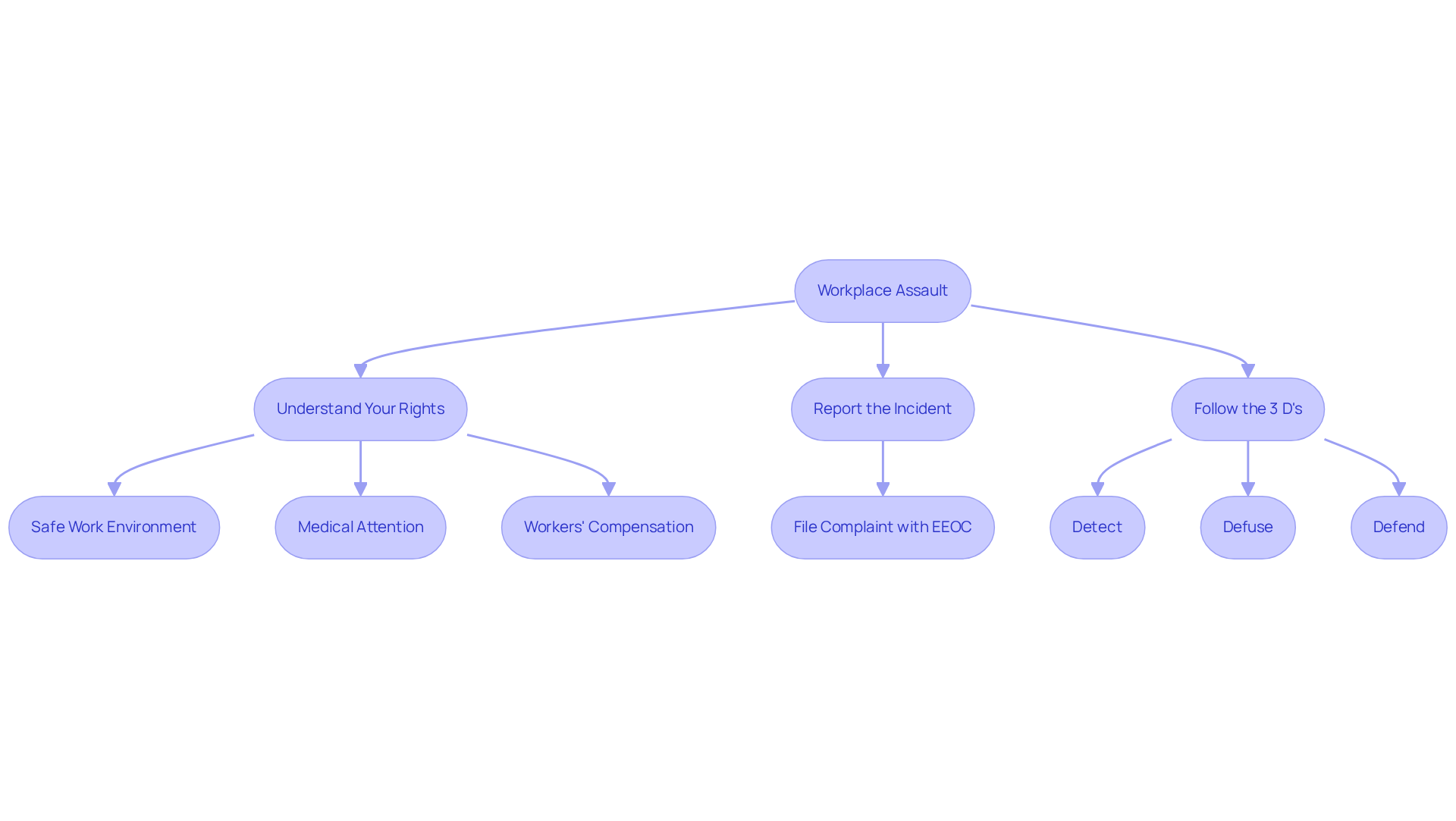 This flowchart guides you through the steps to take after a workplace assault. Start at the top with the incident and follow the arrows to understand your rights, report the incident, and learn the 3 D's of managing workplace violence. Each step is designed to help you regain control and ensure your safety.