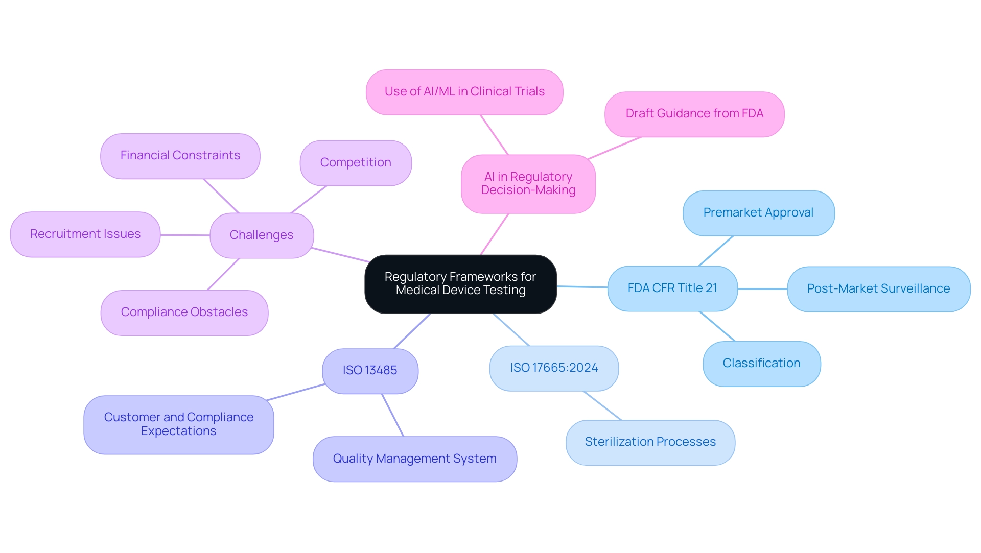 Each branch represents a key regulatory framework or challenge, with colors distinguishing different categories of information.