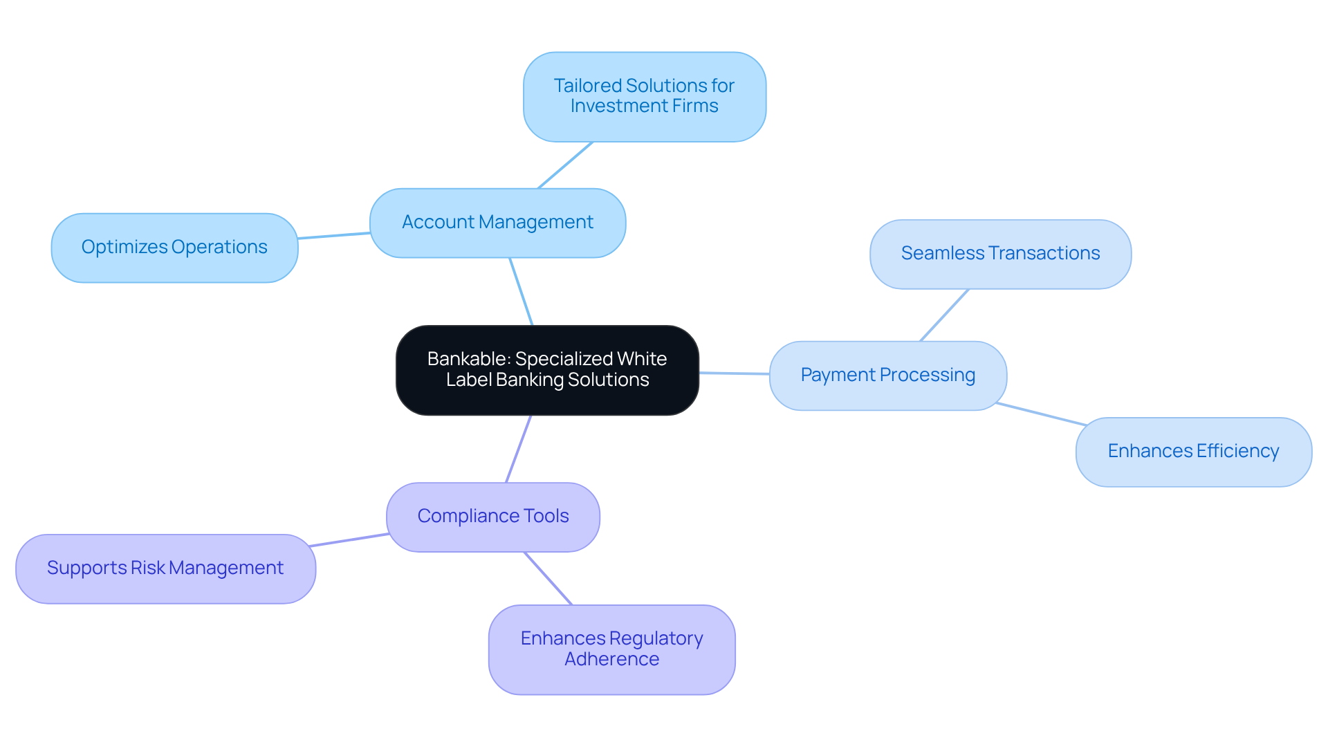 Start at the center with Bankable's main offerings, then follow the branches to explore each feature and its importance for investment firms. Each color represents a different feature, making it easy to distinguish between them.