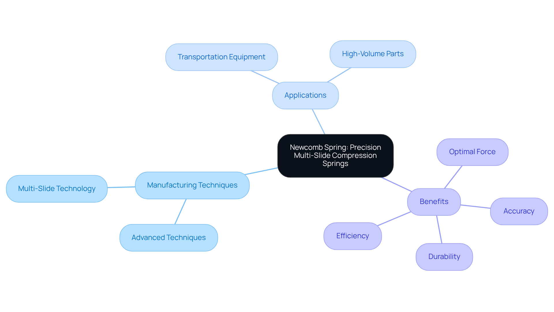 The center represents Newcomb Spring's focus, while the branches show how their technology and techniques support various applications and benefits. Follow the branches to understand the full scope of their expertise.