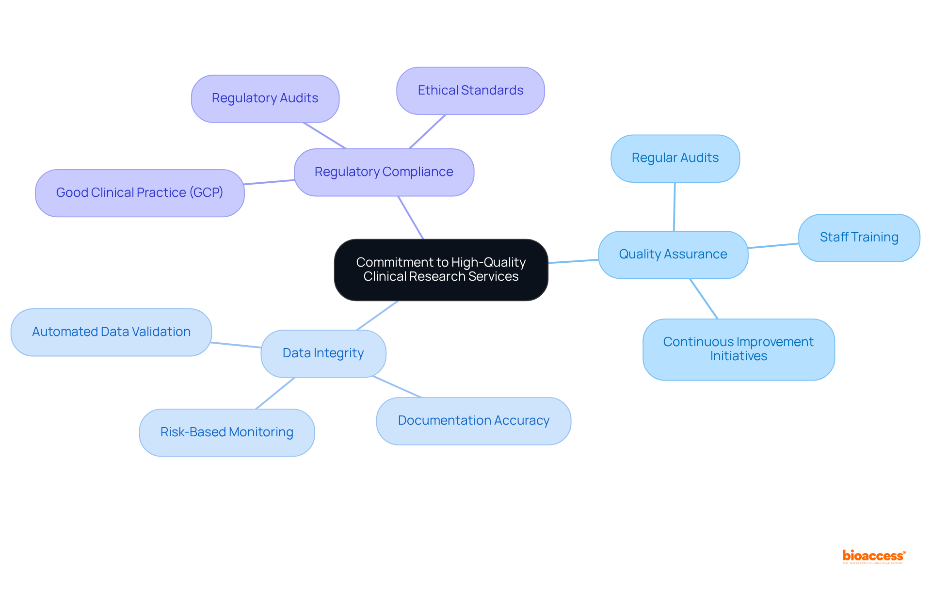 Starting from the central node, each branch represents a key aspect of bioaccess®'s commitment to quality. The sub-branches detail the specific actions taken to uphold these standards.