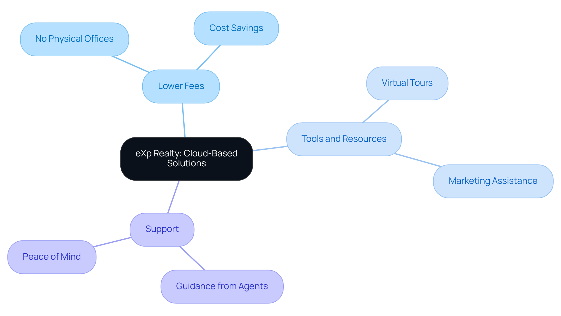 The center shows eXp Realty's main approach, and the branches illustrate how this leads to lower fees, useful tools, and strong support for clients. The center shows eXp Realty's main approach, and the branches illustrate how this leads to lower fees, useful tools, and strong support for clients.