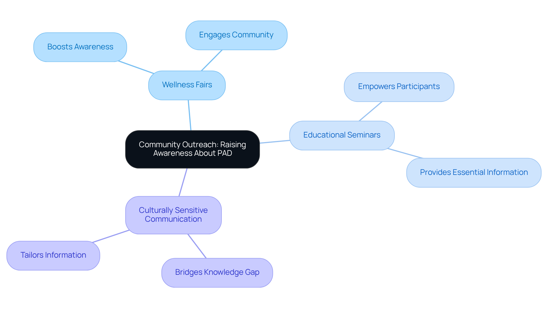 The center shows the main theme of community outreach, with branches representing different initiatives. Each branch details what the initiative accomplishes in raising awareness about PAD, helping readers understand the importance and interconnectedness of these efforts.