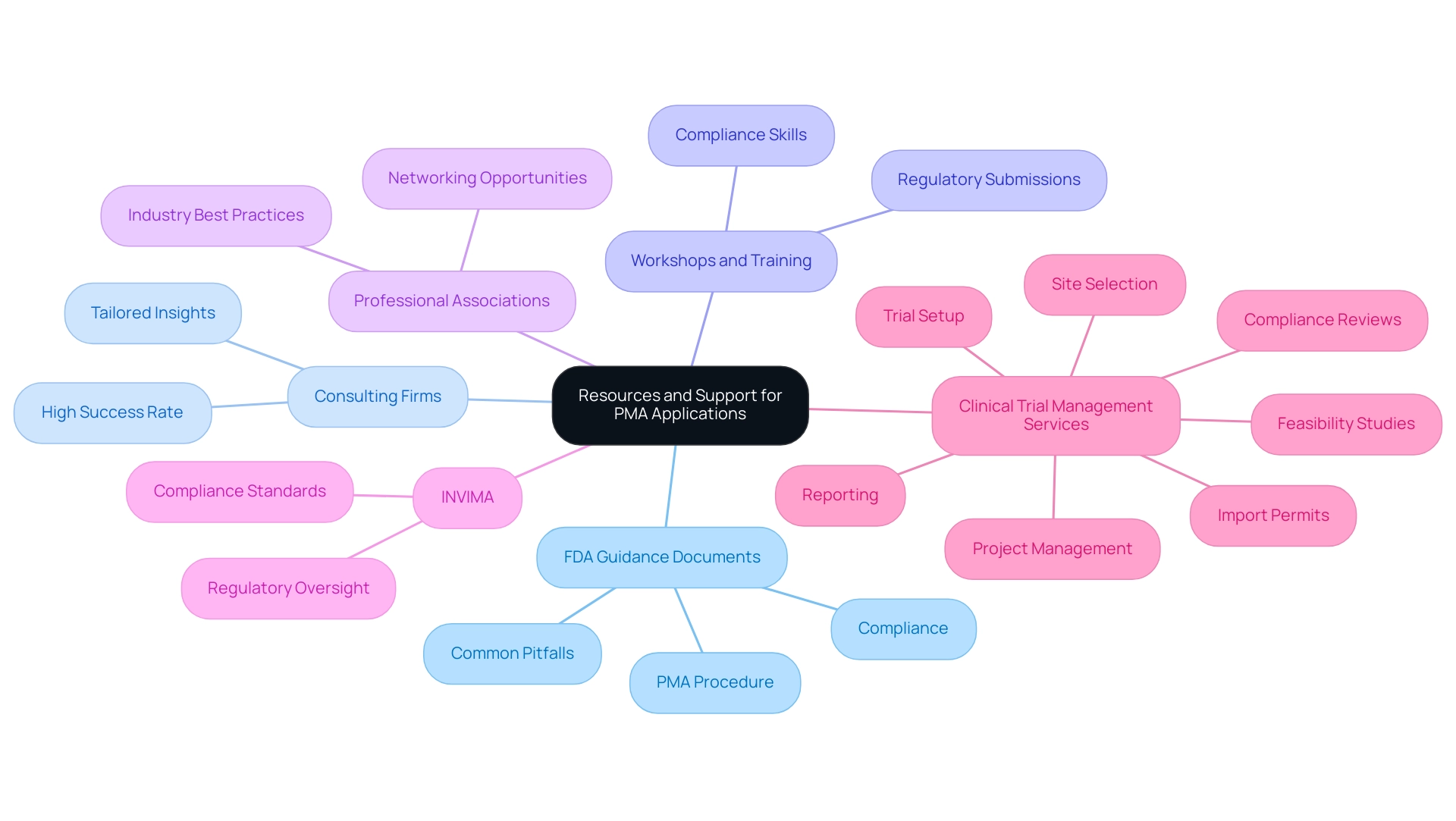 Each branch represents a key resource category related to PMA applications, with sub-branches providing specific details. Color coding differentiates each resource category.