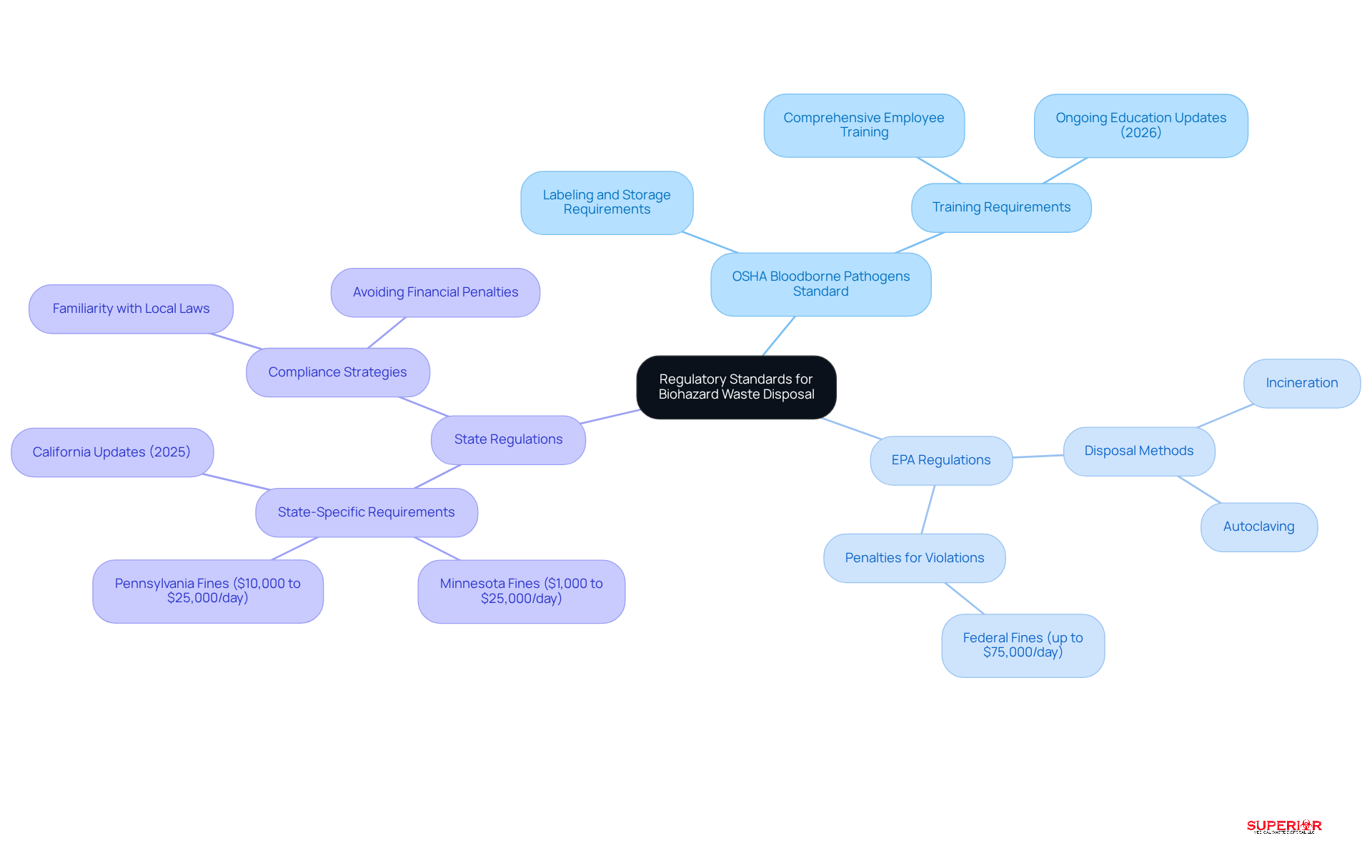 The center represents the main topic of regulatory standards. Each branch shows a specific regulation, and the sub-branches provide important details about each regulation, helping you understand how they relate to safe biohazard waste management.