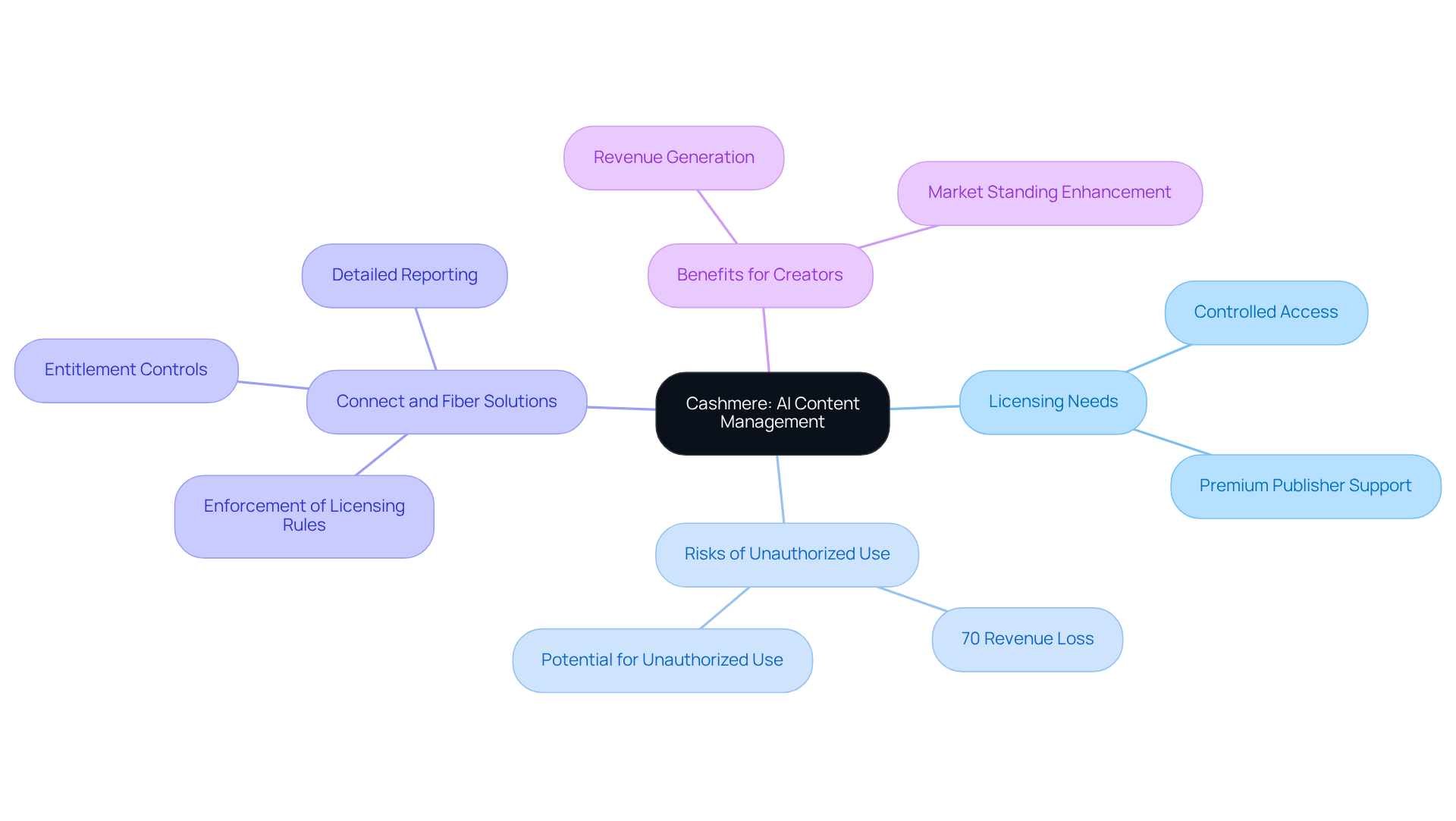 The central node represents Cashmere, while the branches illustrate its key features and the risks it addresses. Each color-coded branch helps you quickly identify different aspects of the solution.
