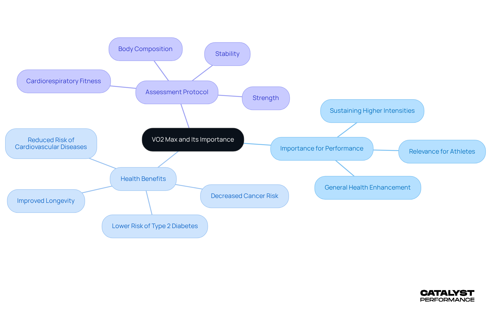 The center represents VO2 Max, with branches showing its importance, health benefits, and the structured training approach. Each branch highlights key aspects, making it easy to see how they connect to the central idea. The center represents VO2 Max, with branches showing its importance, health benefits, and the structured training approach. Each branch highlights key aspects, making it easy to see how they connect to the central idea.