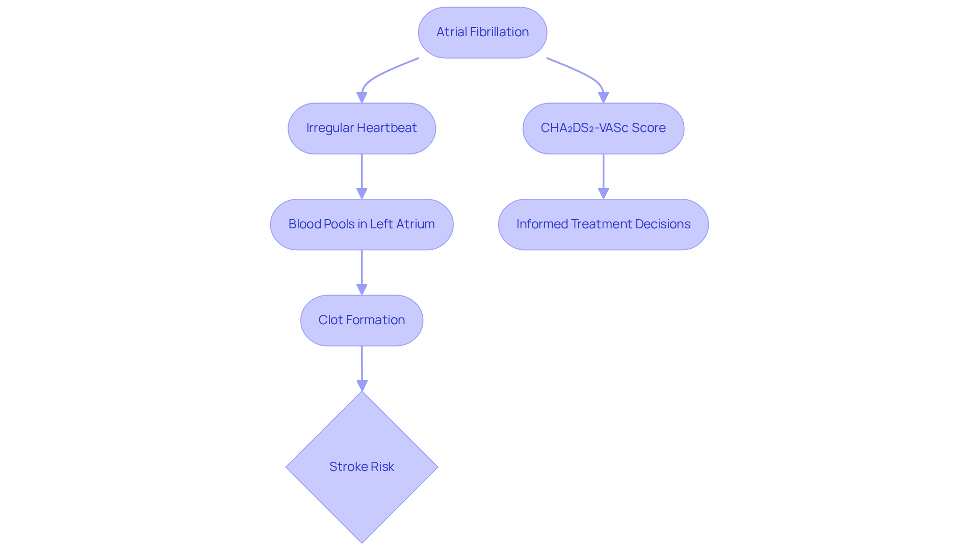 This flowchart shows how atrial fibrillation can lead to a higher risk of stroke through a series of steps. Each box represents a stage in the process, and the arrows indicate the flow from one stage to the next. The side branch highlights the importance of assessment tools in managing this risk.