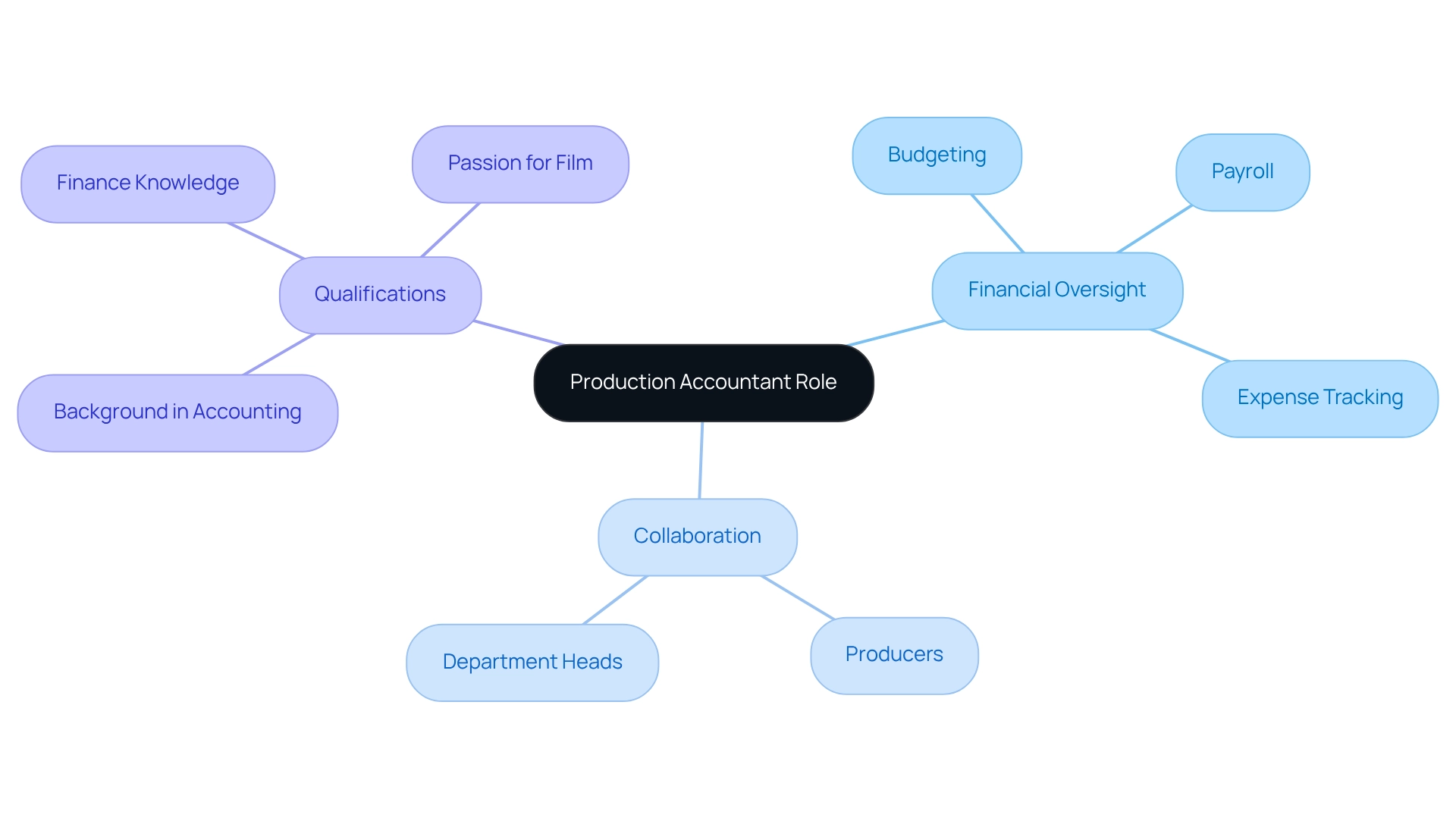 The center represents the Production Accountant, with branches showing the main responsibilities and qualifications. Each branch is a focus area, detailing what the role entails.