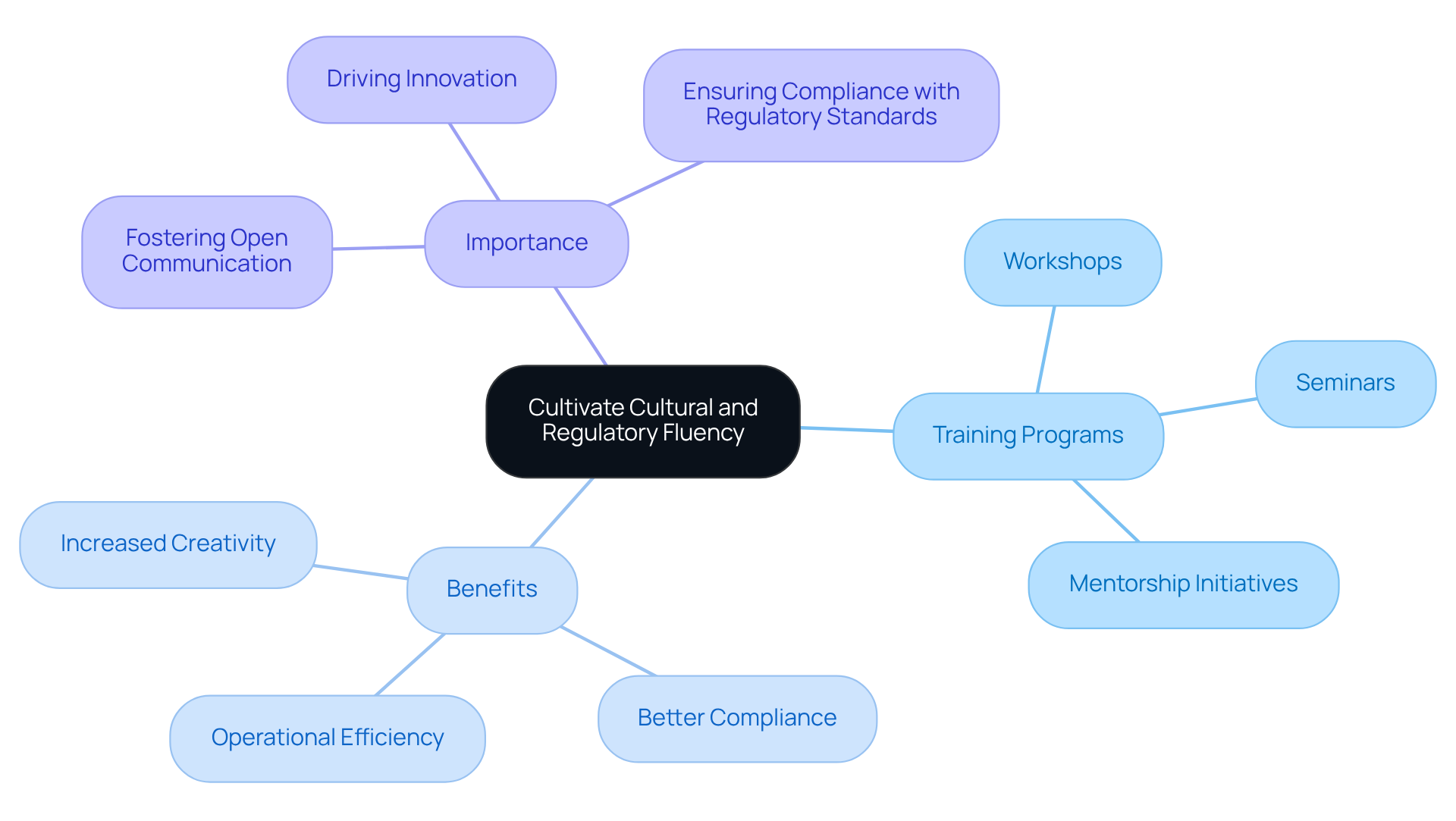 Start at the center with the main goal of cultural and regulatory fluency, then explore the branches to see the different training programs and their benefits. Each color represents a different aspect of the strategy.