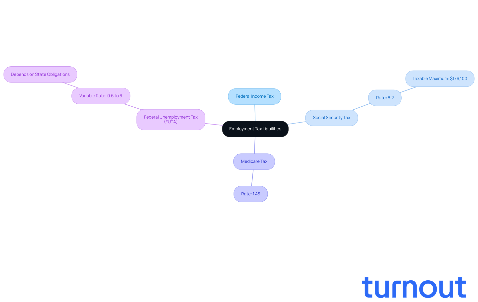 The central node represents the main topic of employment tax liabilities, while the branches show the different types of taxes employers need to manage. Each color-coded branch helps you quickly identify the specific tax and its details.