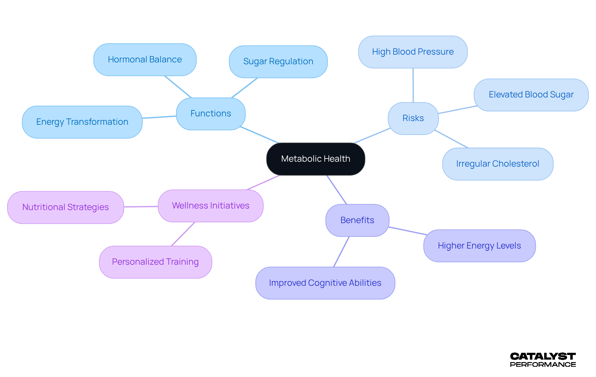 This mindmap illustrates how metabolic health connects to various aspects of wellness. Each branch represents a different area of focus, showing how they relate to the central theme of metabolic health. This mindmap illustrates how metabolic health connects to various aspects of wellness. Each branch represents a different area of focus, showing how they relate to the central theme of metabolic health.
