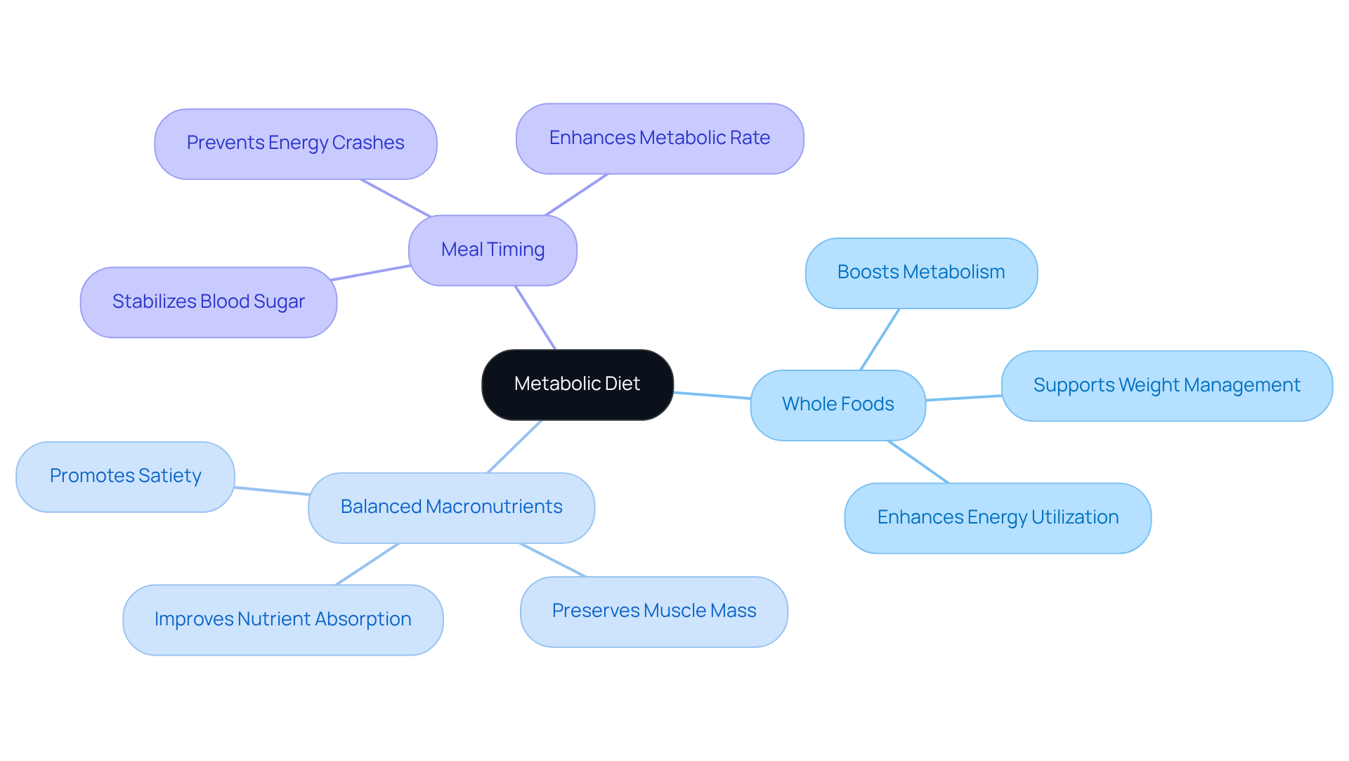 The center represents the metabolic diet, and the branches show its main components. Each sub-branch highlights the benefits of those components, helping you see how they all connect to support a healthier lifestyle.