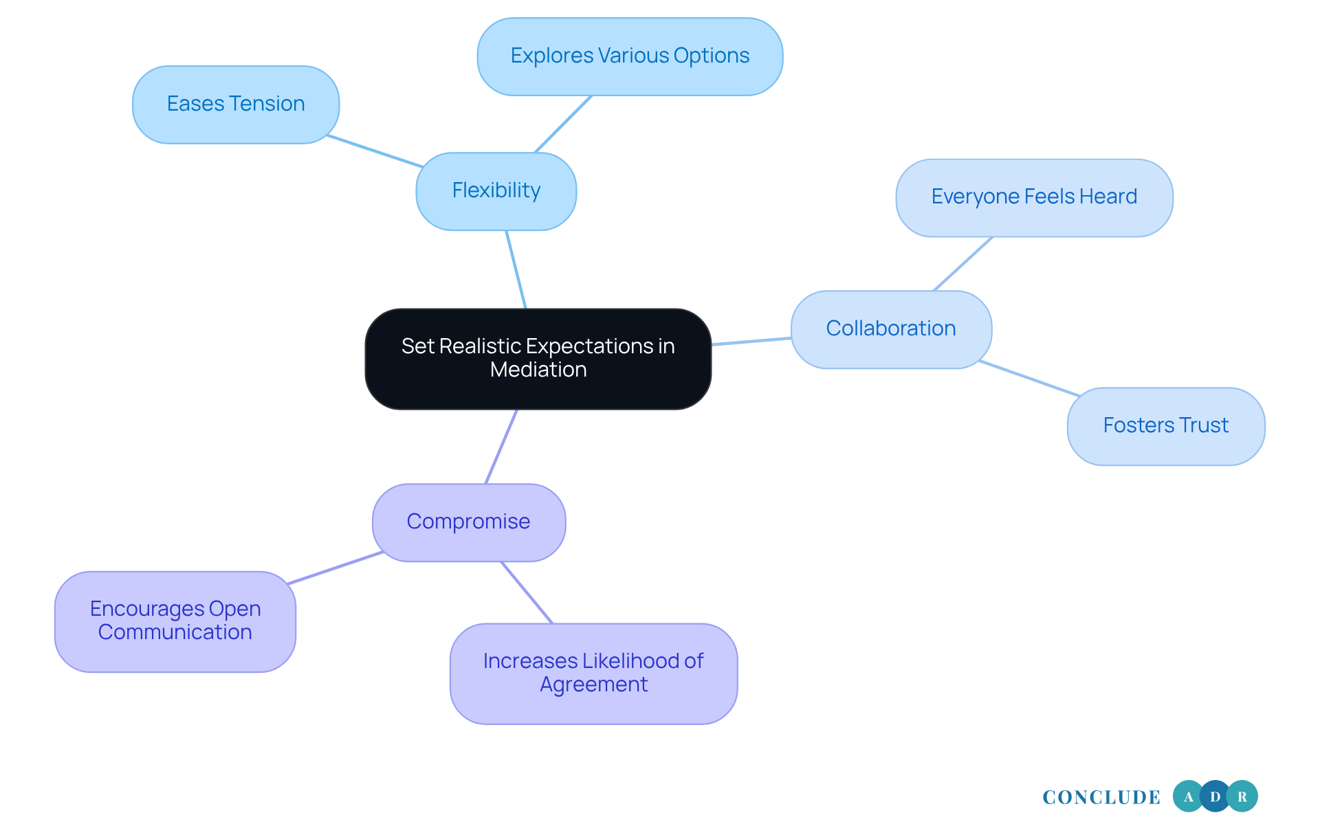 Start at the center with the main idea of setting realistic expectations, then explore how flexibility, collaboration, and compromise contribute to successful mediation. Each branch represents a key concept that supports the overall goal. Start at the center with the main idea of setting realistic expectations, then explore how flexibility, collaboration, and compromise contribute to successful mediation. Each branch represents a key concept that supports the overall goal.