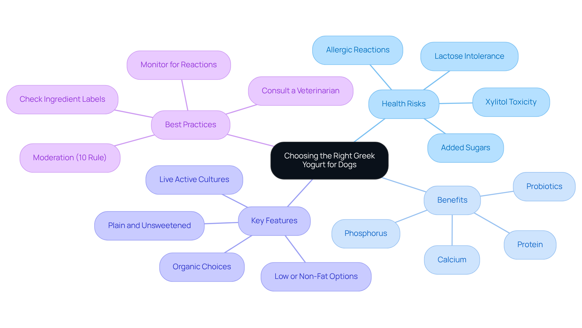 The central node represents the main topic, while the branches explore important considerations like health risks and benefits. Each branch shows key points to help you make informed choices for your dog's diet.