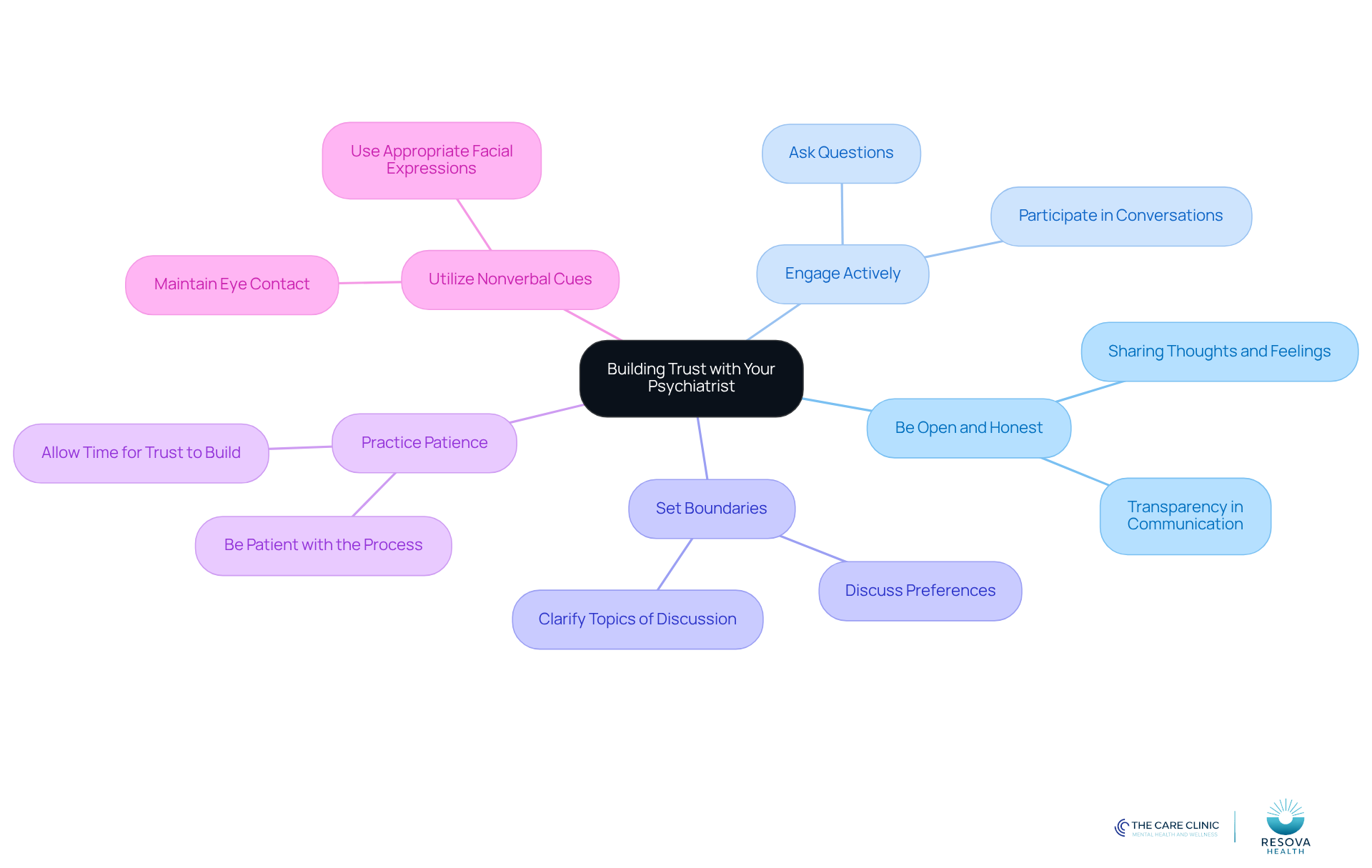 The central idea is trust, and each branch represents a strategy to help build that trust. Follow the branches to see how each strategy contributes to creating a safe and effective therapeutic relationship.