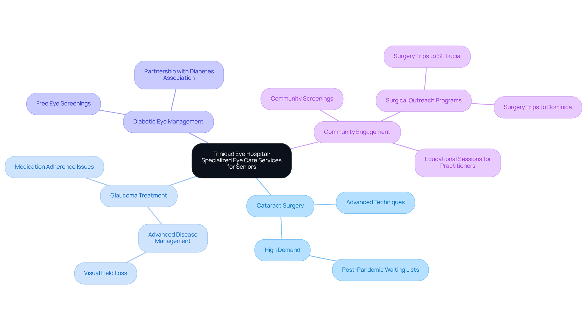 This mindmap shows the various specialized services offered by Trinidad Eye Hospital for seniors. Start at the center with the hospital's name, then follow the branches to see the different types of care they provide and how they engage with the community.