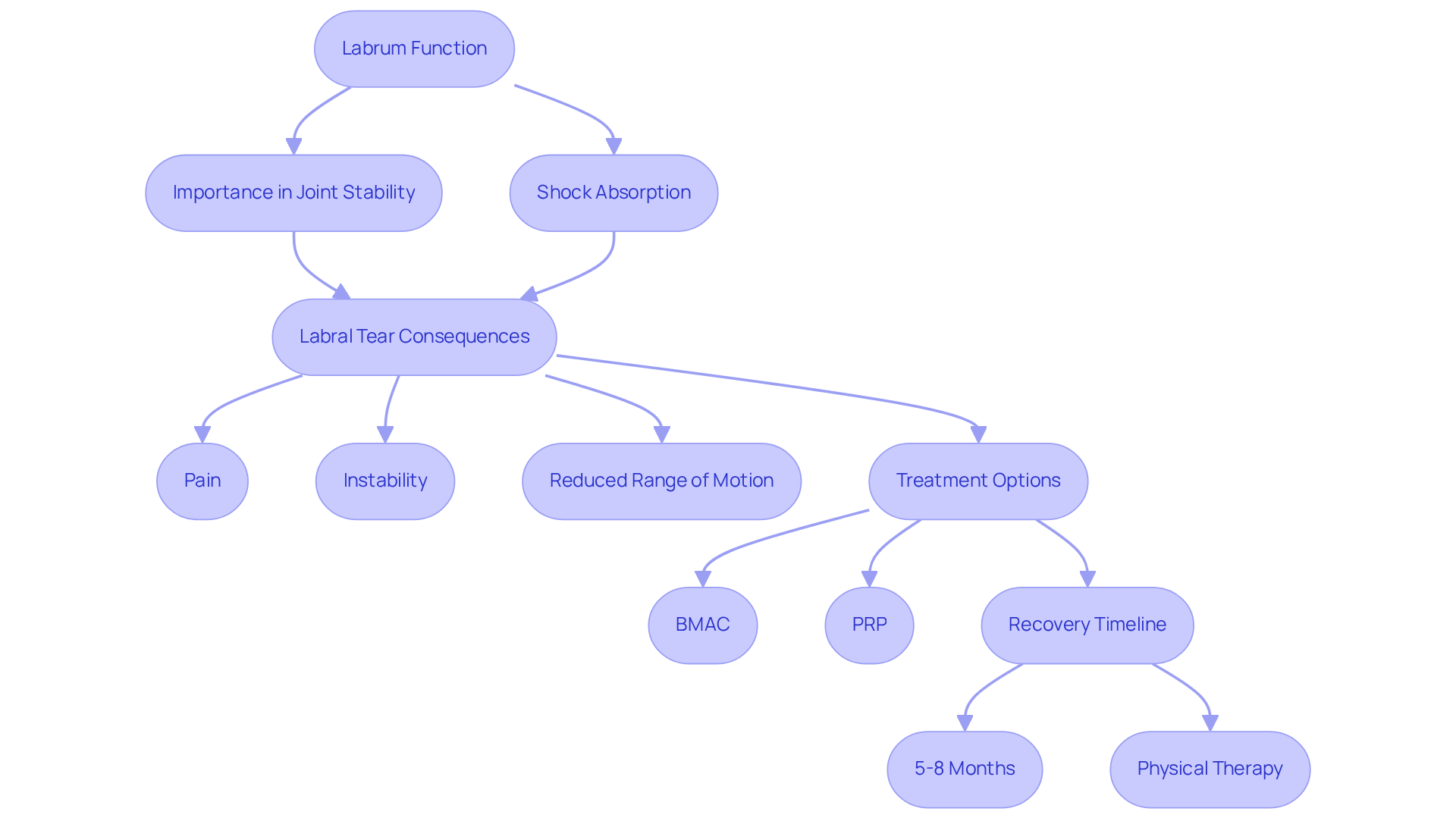 This flowchart illustrates the labrum's critical role in shoulder stability and function. Follow the arrows to see how a labral tear affects your shoulder and what treatment options are available to aid recovery.