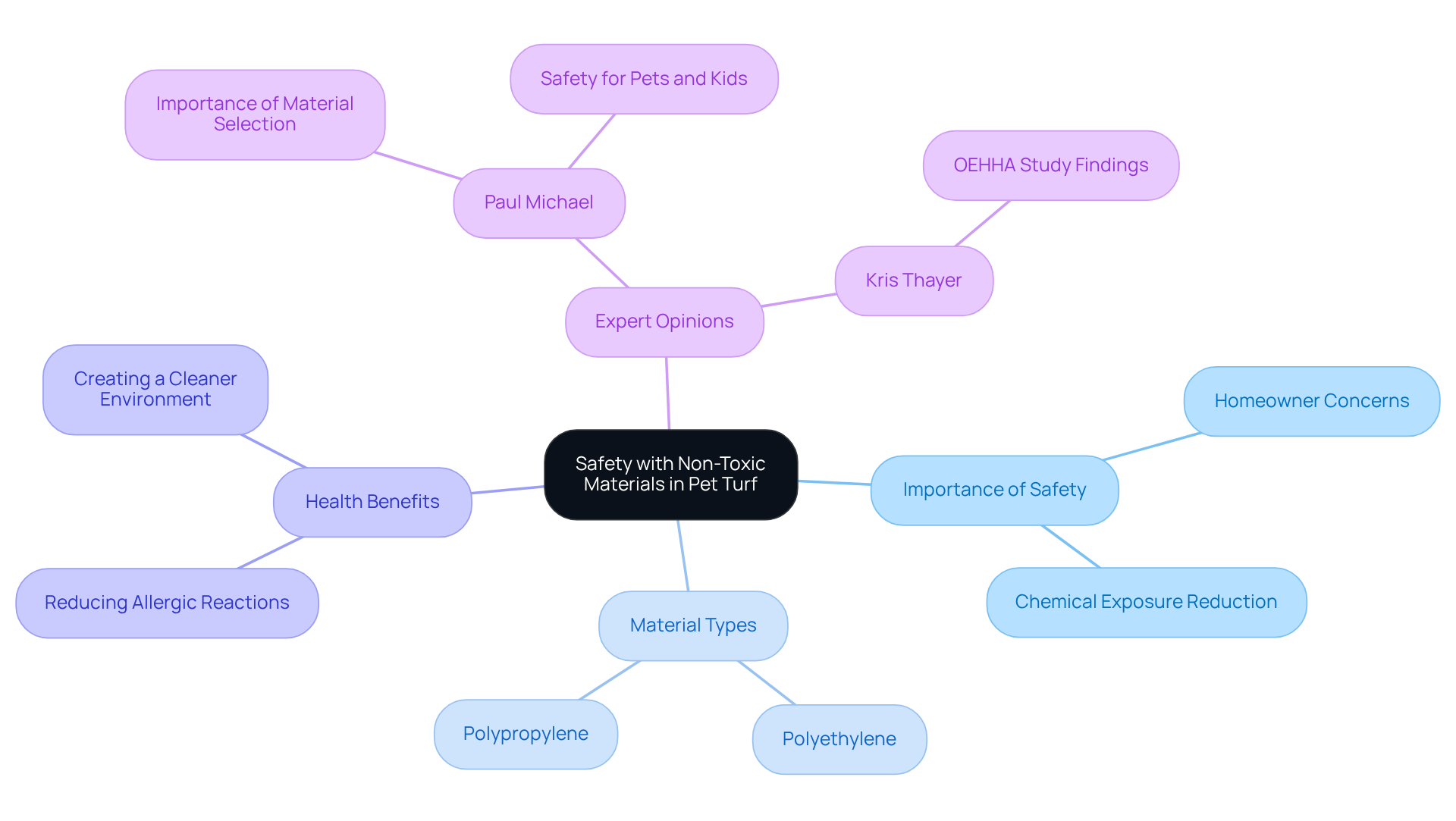 This mindmap starts with the main idea of ensuring safety in pet turf. Each branch represents a key aspect of this topic, helping you understand how materials, health benefits, and expert insights connect to the overall theme of safety for pets. This mindmap starts with the main idea of ensuring safety in pet turf. Each branch represents a key aspect of this topic, helping you understand how materials, health benefits, and expert insights connect to the overall theme of safety for pets.