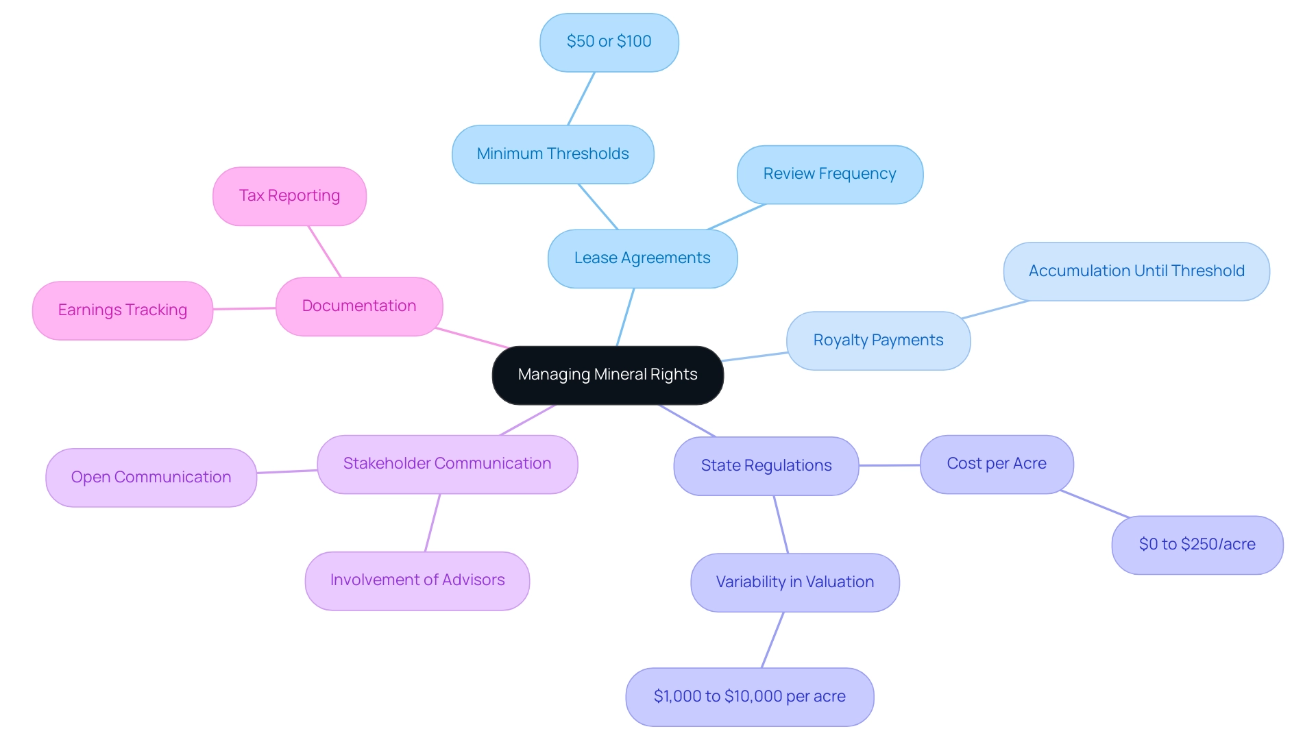 The central node represents the overall topic, with branches indicating the various key considerations, each with subcategories detailing responsibilities and factors involved.