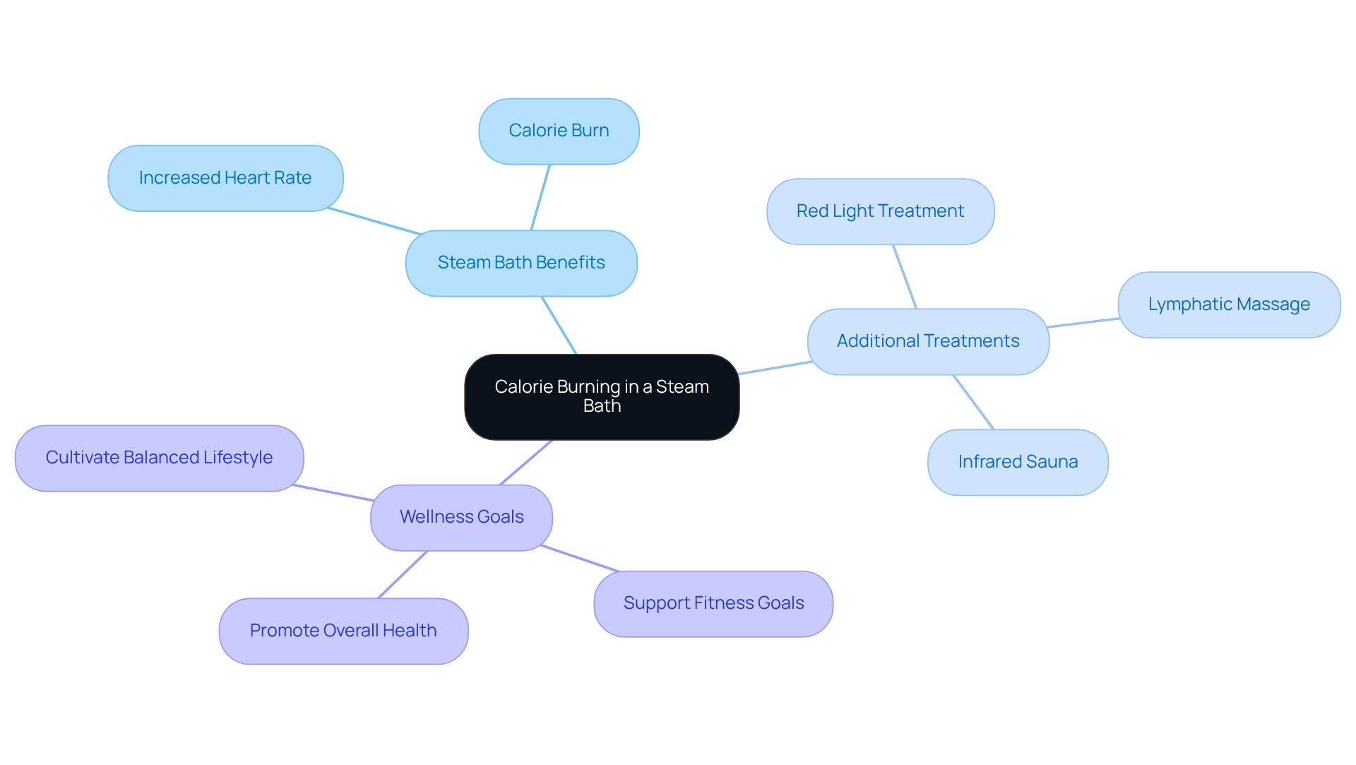 Start in the center with the main theme of calorie burning in steam baths. Follow the branches to see the benefits of steam baths and the various treatments that can enhance your wellness journey.