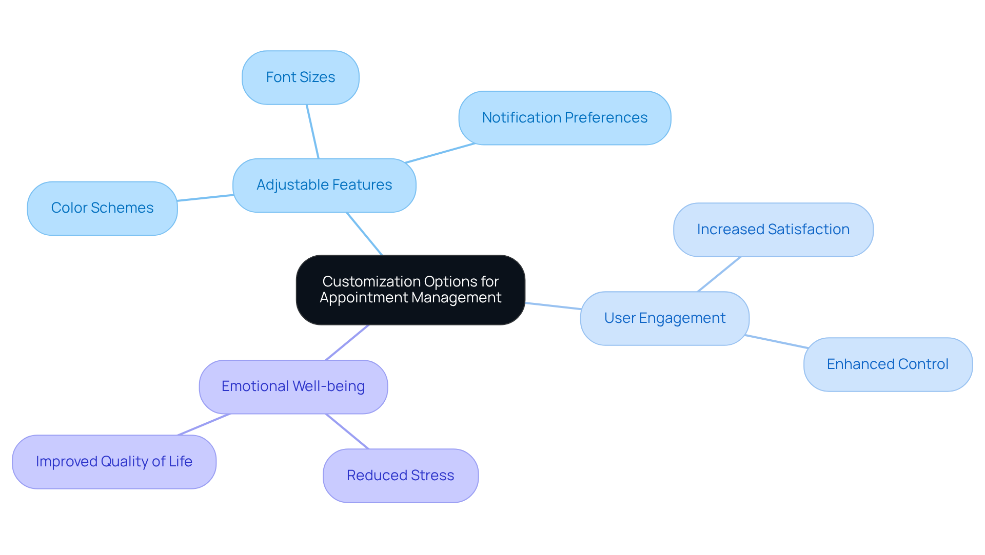 The central idea is about customization options. Each branch shows a specific area of customization and its related benefits for elderly users. The more branches you see, the more features and advantages there are for enhancing their appointment experiences.