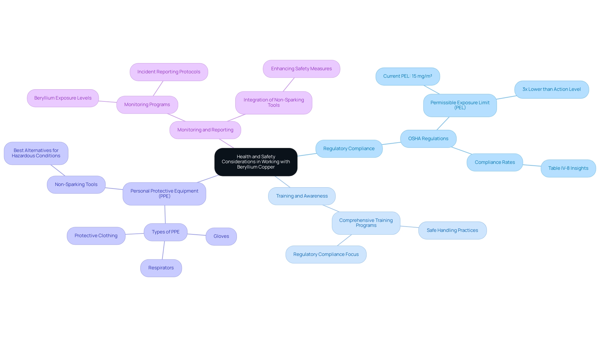 The central node represents overall health and safety considerations, with branches detailing specific categories and their corresponding key points.