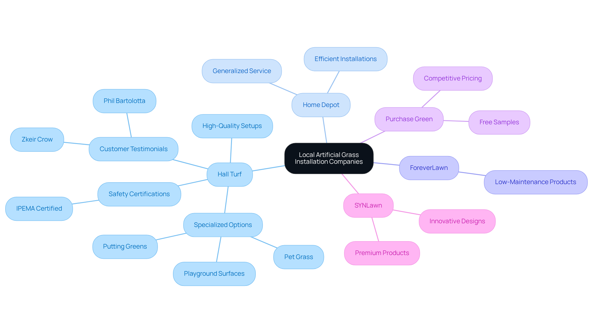 This mindmap starts with the main topic in the center and branches out to show different companies and what they offer. Each branch represents a company, and the sub-branches highlight their unique features. This way, you can easily see how each company stands out in the market.