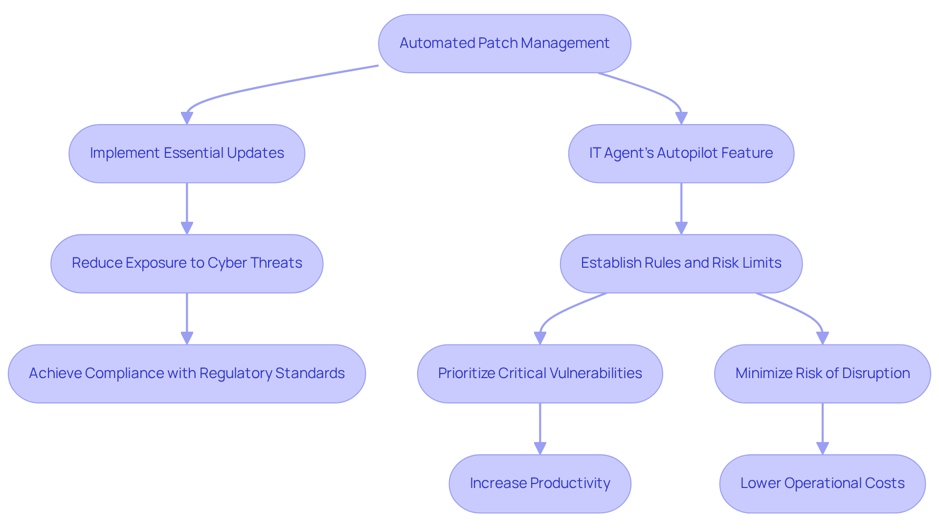 This flowchart outlines the steps involved in automated patch management, showing how each action contributes to enhanced security and efficiency. Follow the arrows to see how the process flows from one step to the next.