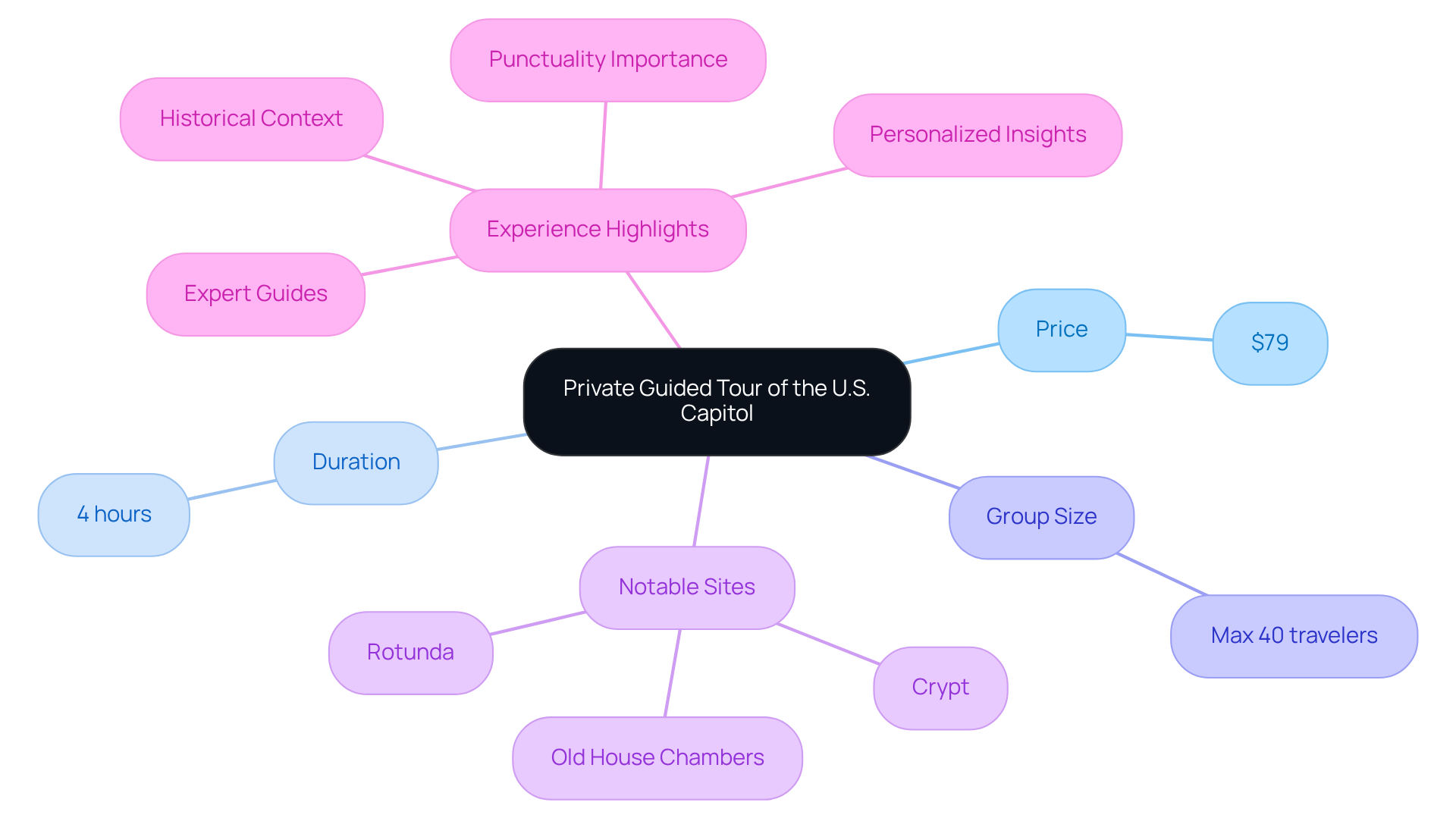 The central node represents the tour, while branches show important details like price, duration, and sites visited. Each branch helps you understand what makes this tour special.