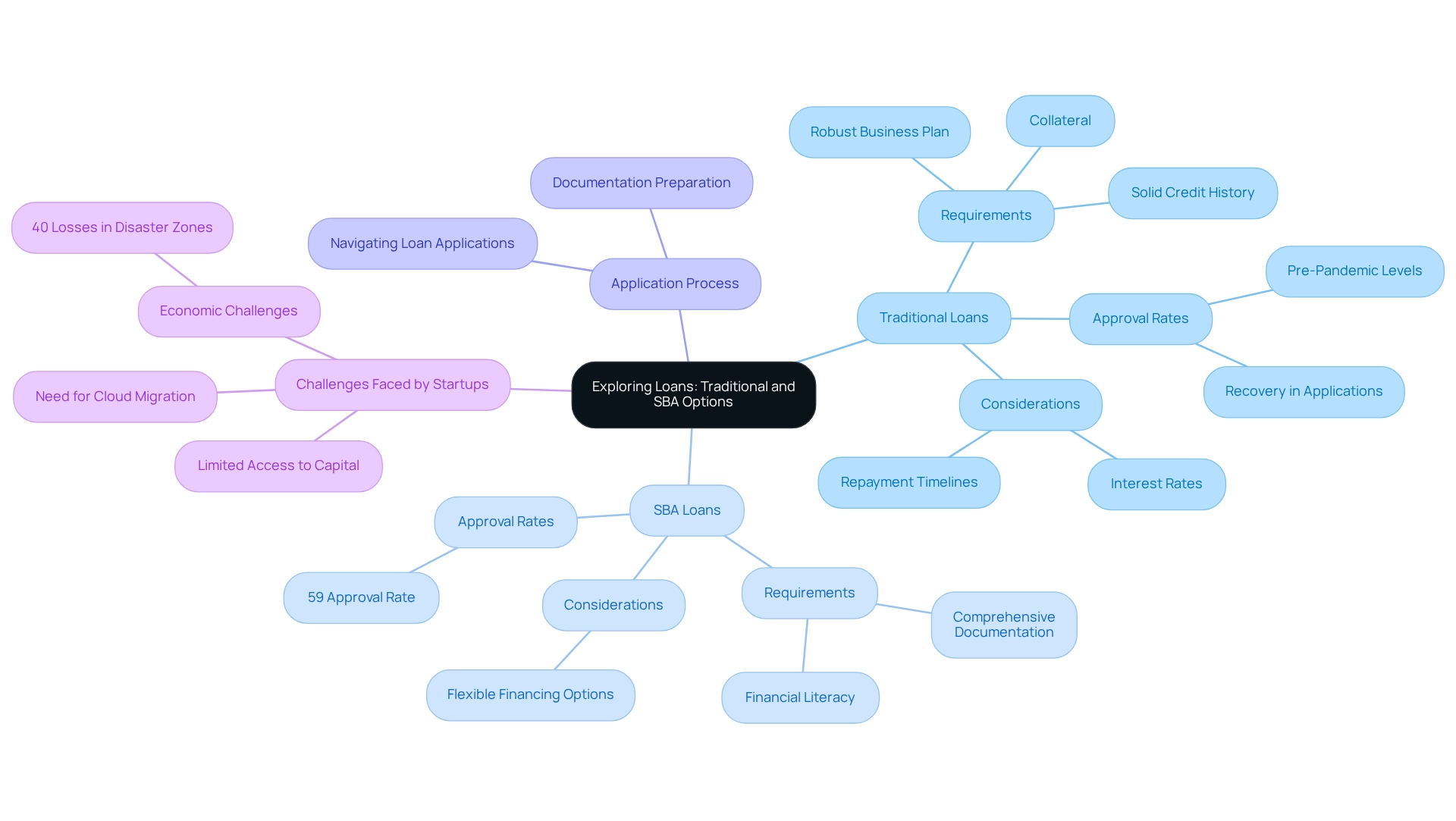 The central node represents the overall topic, with branches for Traditional and SBA loans, highlighting their specific characteristics and processes.