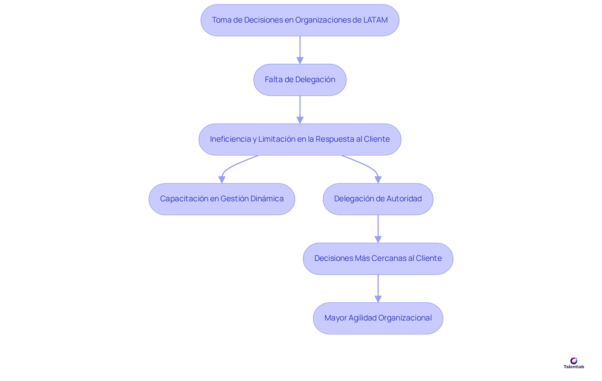 Este diagrama muestra cómo la falta de delegación puede llevar a ineficiencias en la toma de decisiones. A medida que se delega autoridad, las decisiones se toman más cerca del cliente, lo que mejora la agilidad organizacional y permite responder rápidamente a las oportunidades del mercado.