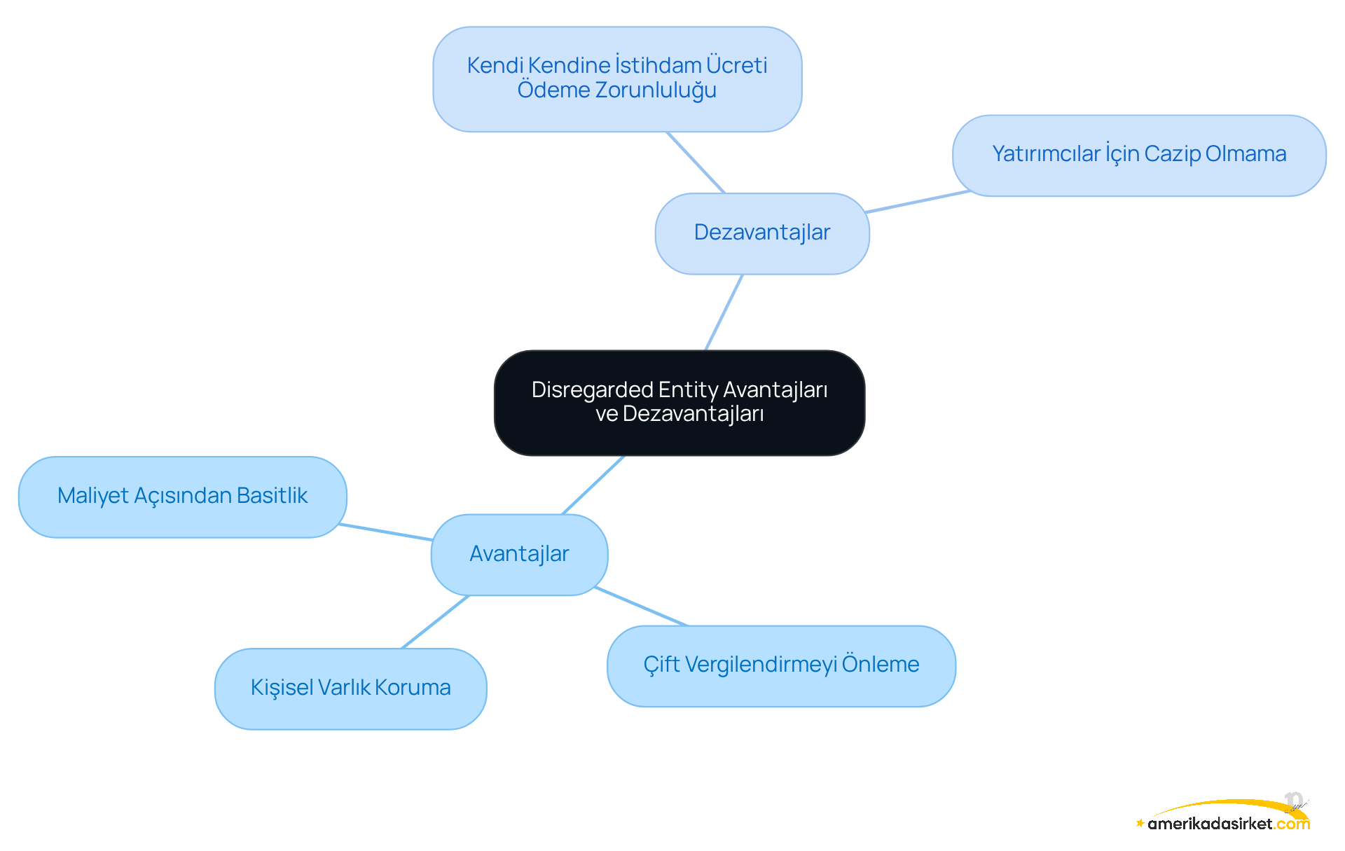 Merkezdeki başlık, disregarded entity olmanın genel avantaj ve dezavantımlarını gösteriyor. Dallar, avantajları ve dezavantajları temsil ediyor; her bir alt başlık ise bu kategorilerin detaylarını sunuyor.