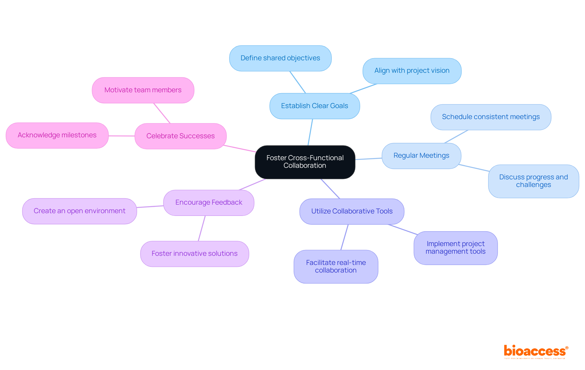 The center shows the main focus on collaboration, and each branch represents a best practice. Follow the branches to see how each practice contributes to effective teamwork.