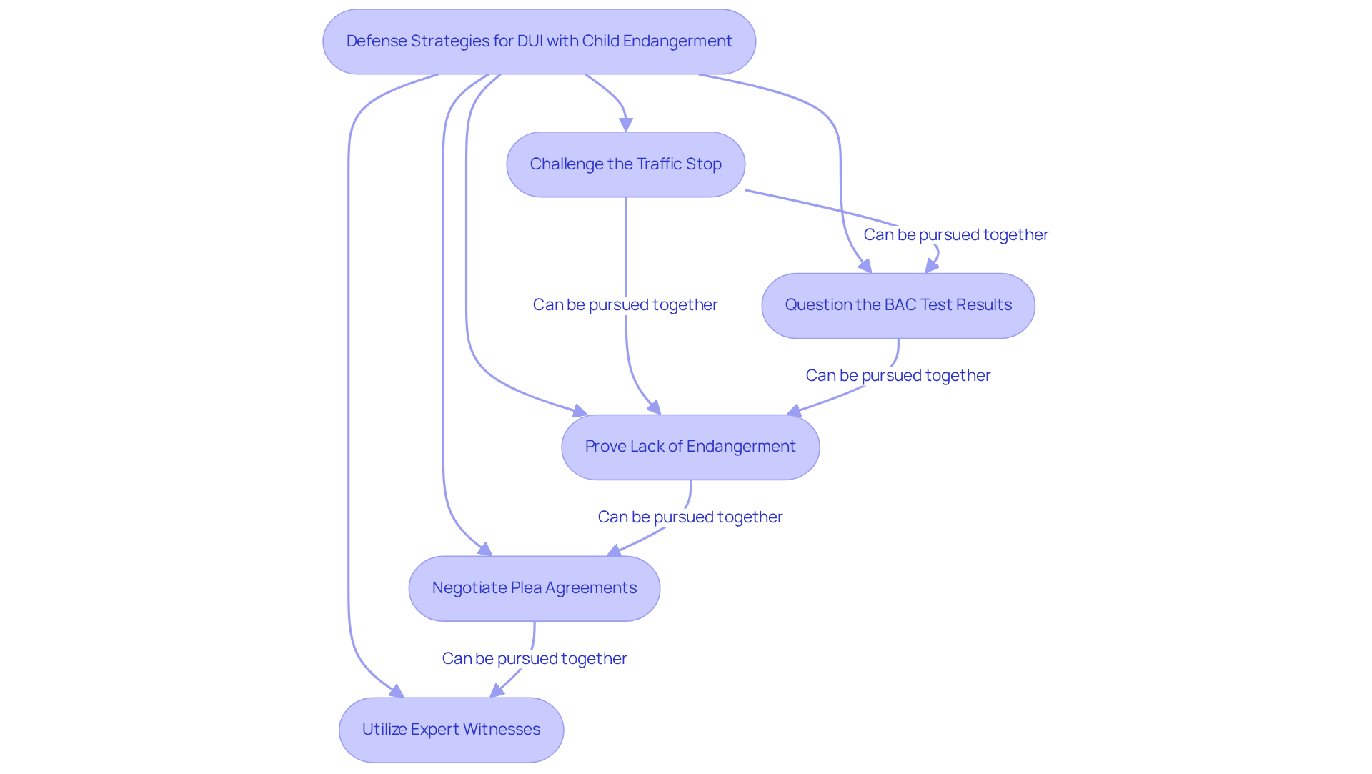 Each box represents a different strategy you can use to defend against DUI charges involving child endangerment. Follow the arrows to see how these strategies connect and can be used together to strengthen your case.