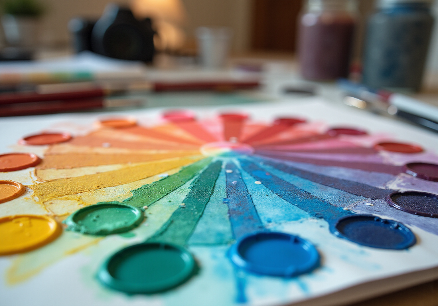 Vibrant Liquid Watercolors in an Artist's Workspace Vibrant Liquid Watercolors in an Artist's Workspace
