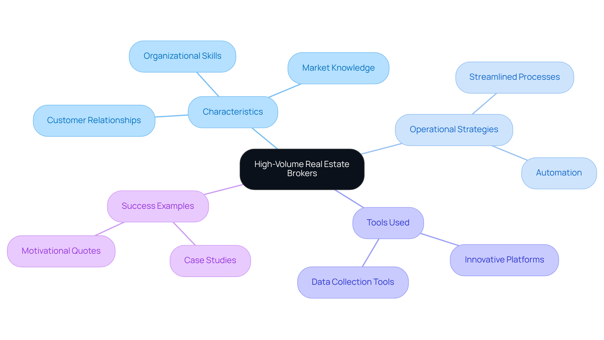 The central node represents high-volume brokers, with branches showing their key traits and strategies. Each branch highlights important aspects that contribute to their success in the real estate market.