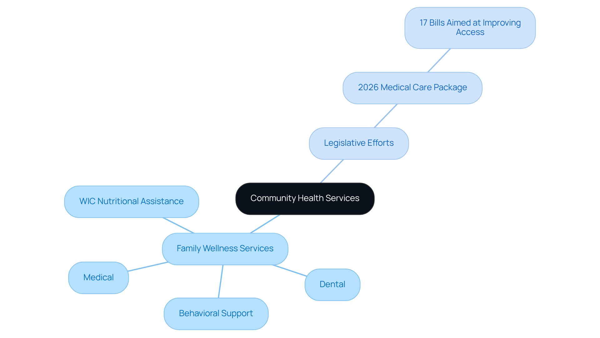 The central node represents community health services, with branches showing specific services and legislative actions. Each color-coded branch helps you understand the different aspects of healthcare support available to families.