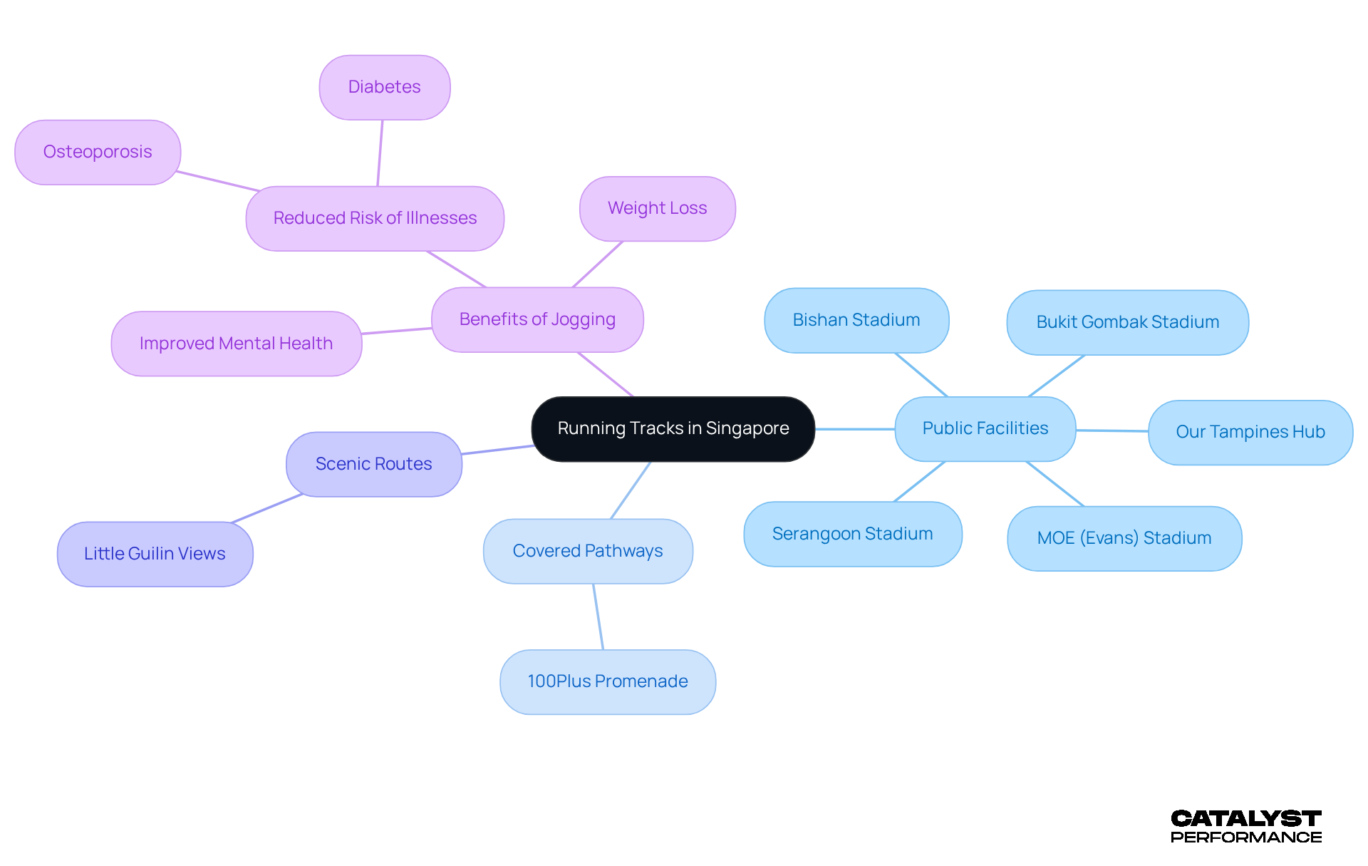 The central node represents the overall topic of running tracks, while the branches show different categories and specific locations. Each color-coded branch helps you easily identify types of tracks and their unique features.